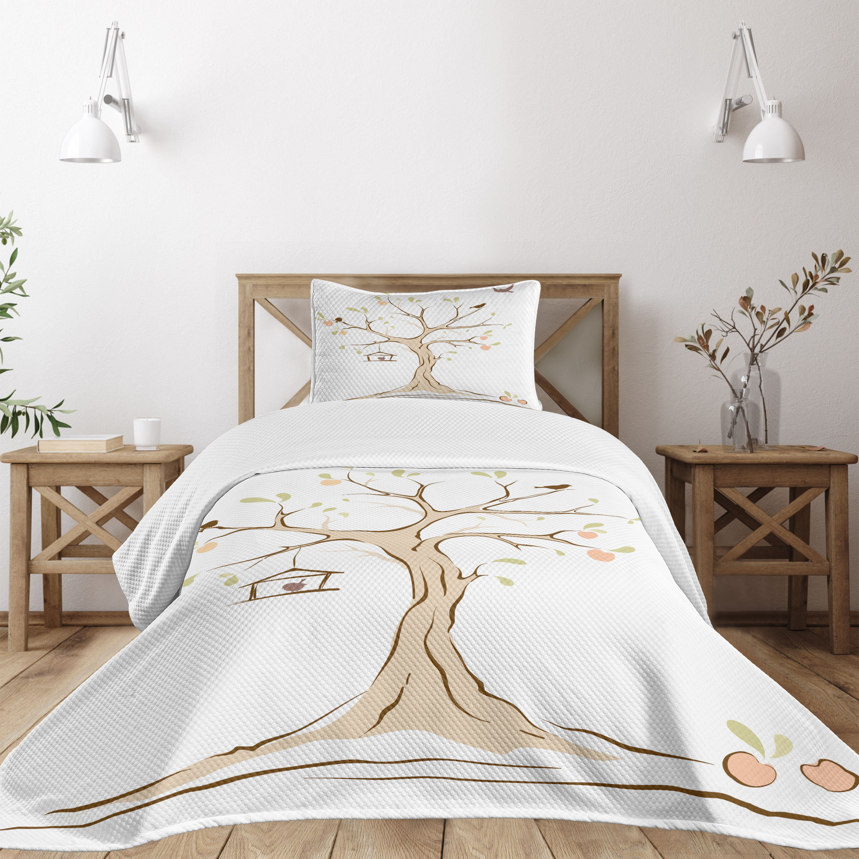 Ambesonne Tree Bedspread Set Apple Flying Birds Art Multicolor | Wayfair