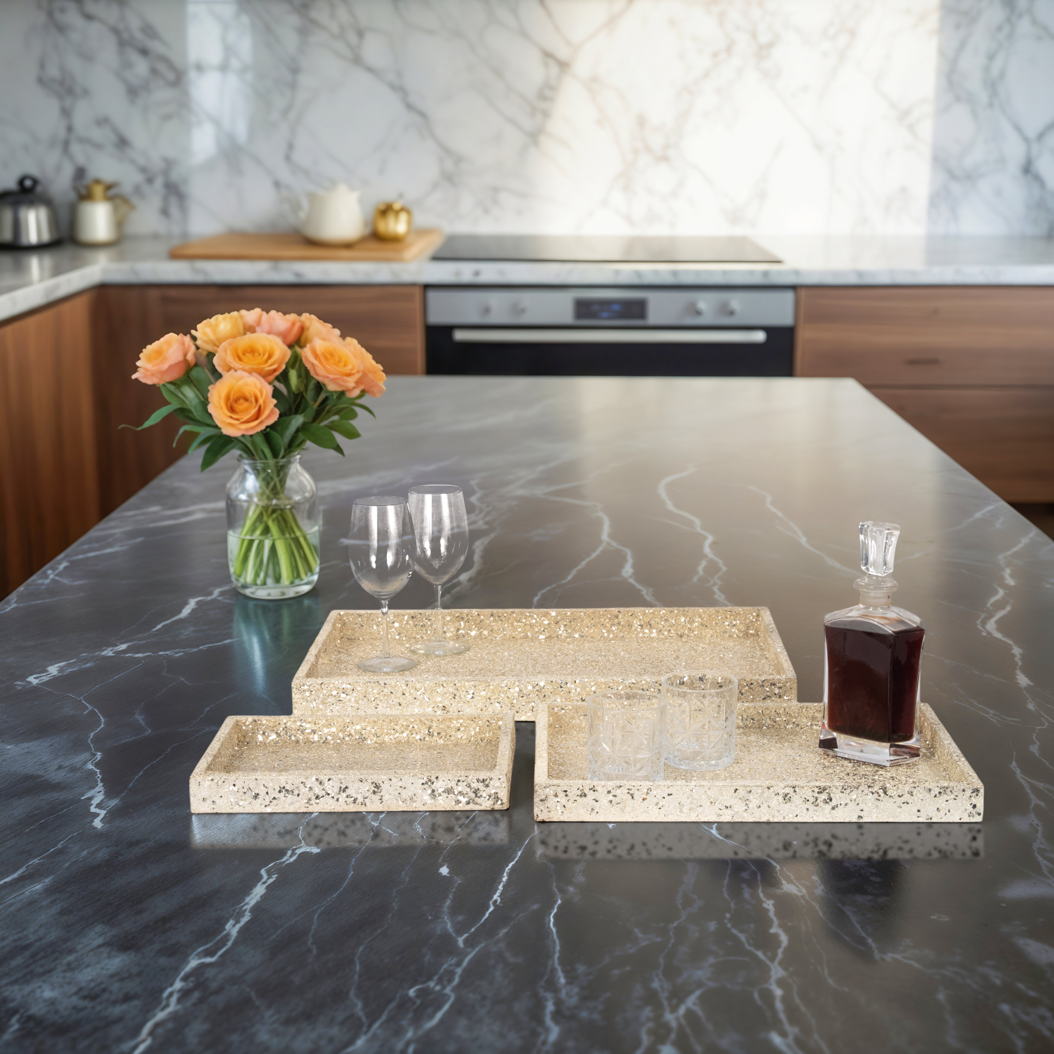 Everly Quinn Modern Set of 3 Wood Champagne Crackle Mosaic Trays - 24 ...