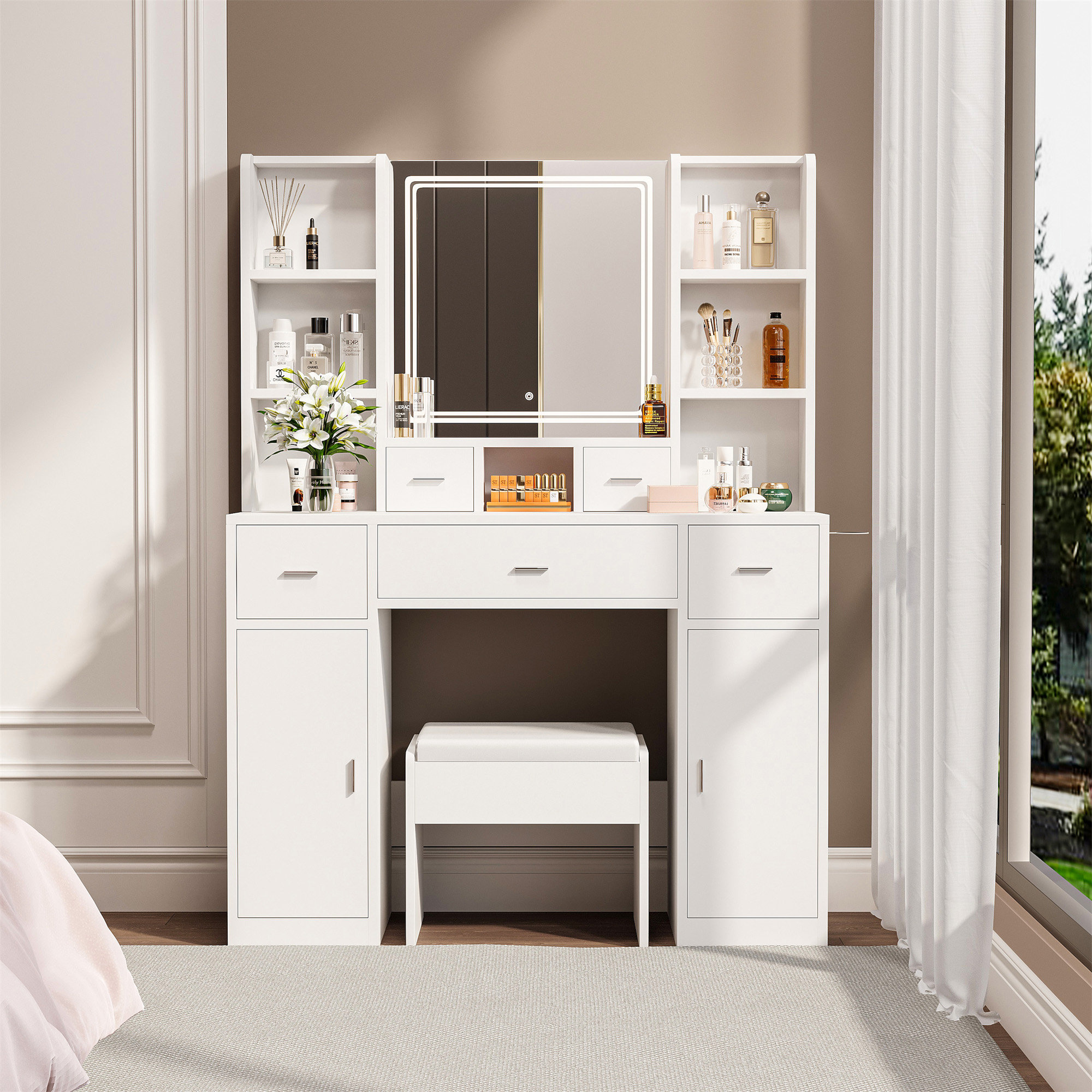 Latitude Run® The Dressing Table With LED Mirror Is Equipped With A Hair Dryer Rack, And The ...