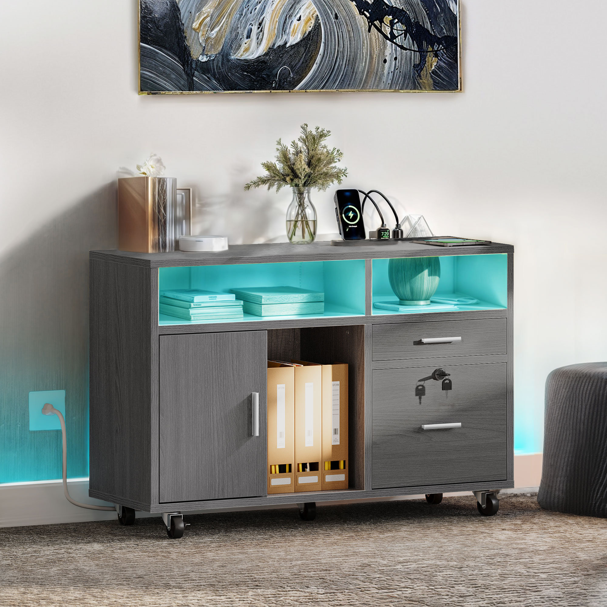 Wrought Studio™ File Cabinet with LED Strip and Charging Station ...