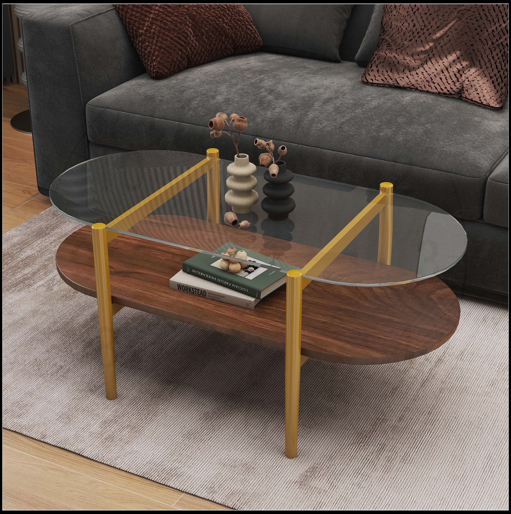 Hokku Designs Oval Shaped Glass Coffee Table with Medieval Modern ...