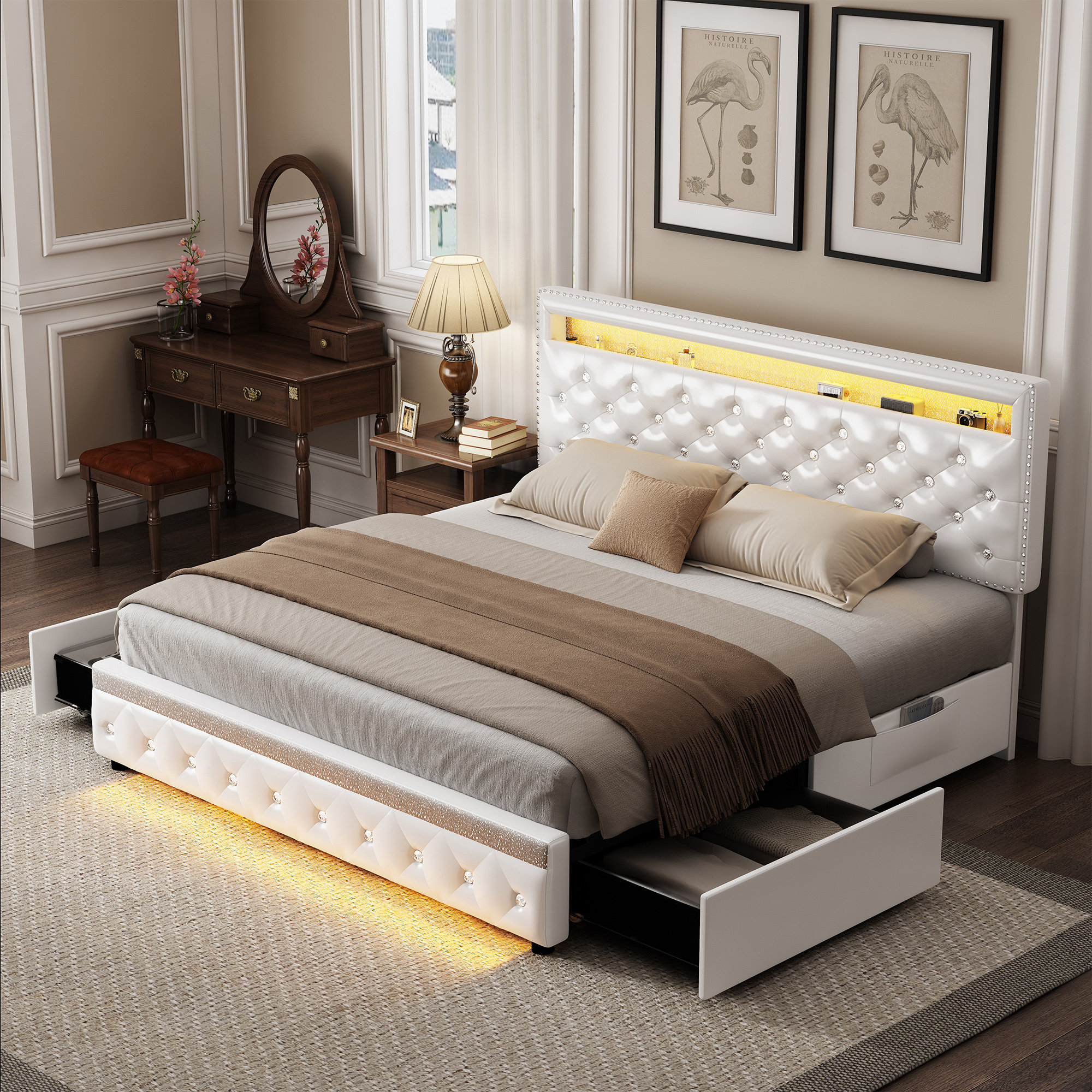 Wrought Studio™ LED Diamond Tufted Bed Frame with 2 Drawers, Adjustable ...