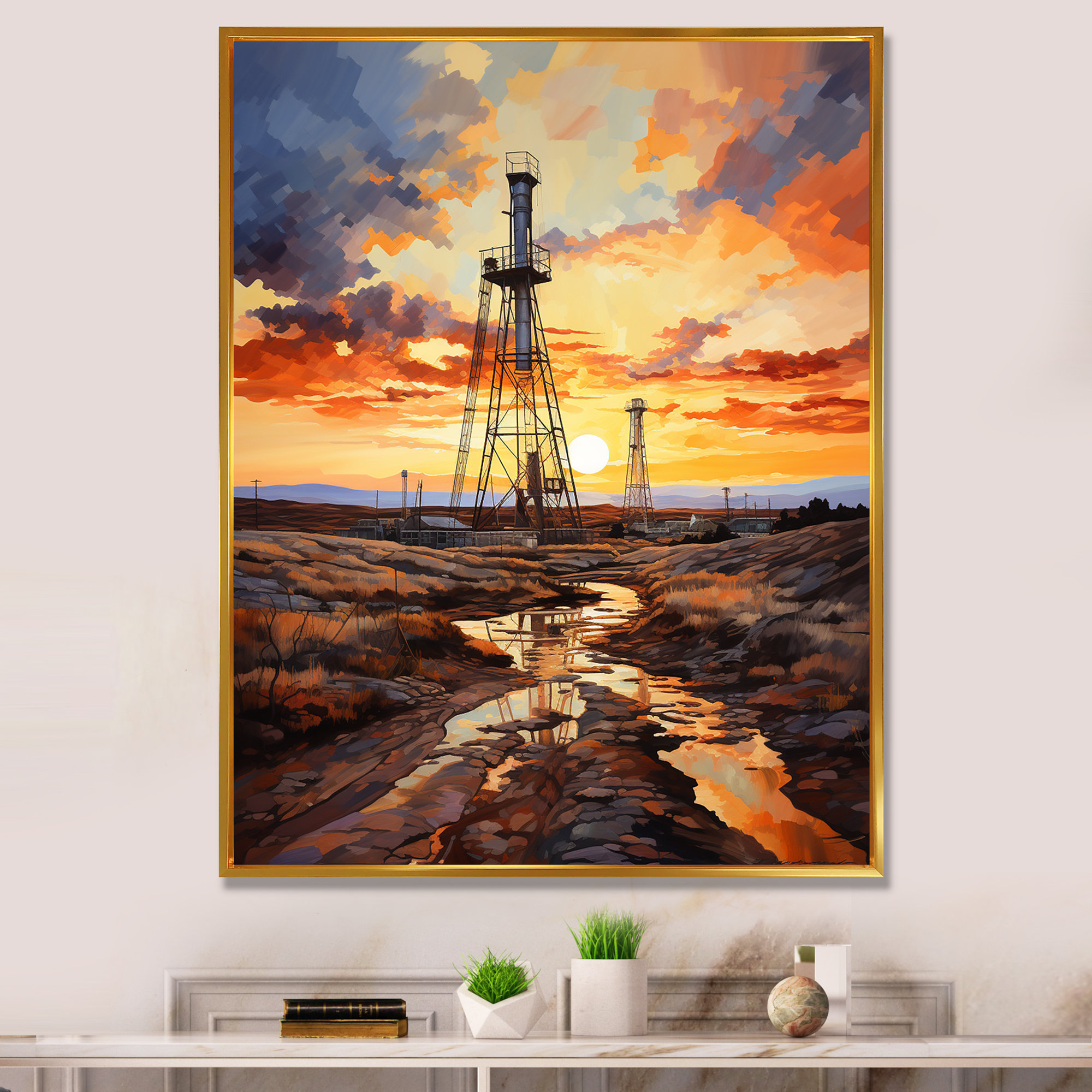 Breakwater Bay Orange Oil Rigs Resilient Rig - Print on Canvas | Wayfair