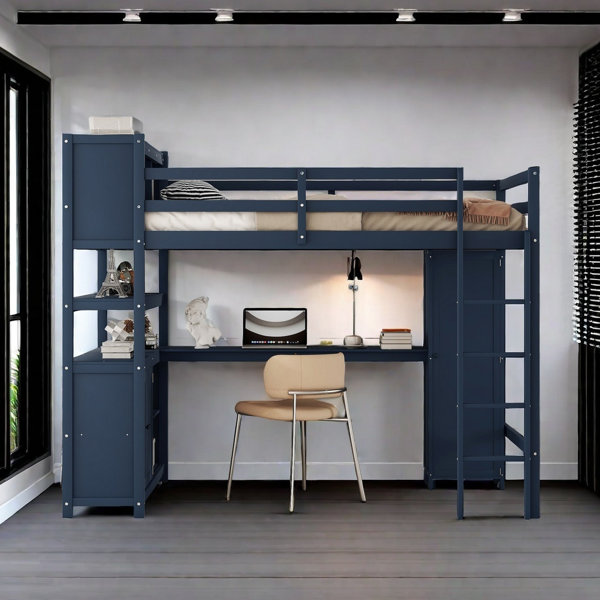 Harriet Bee Wood Loft Bed With Cabinet And Bookshelf, Full Size Loft ...