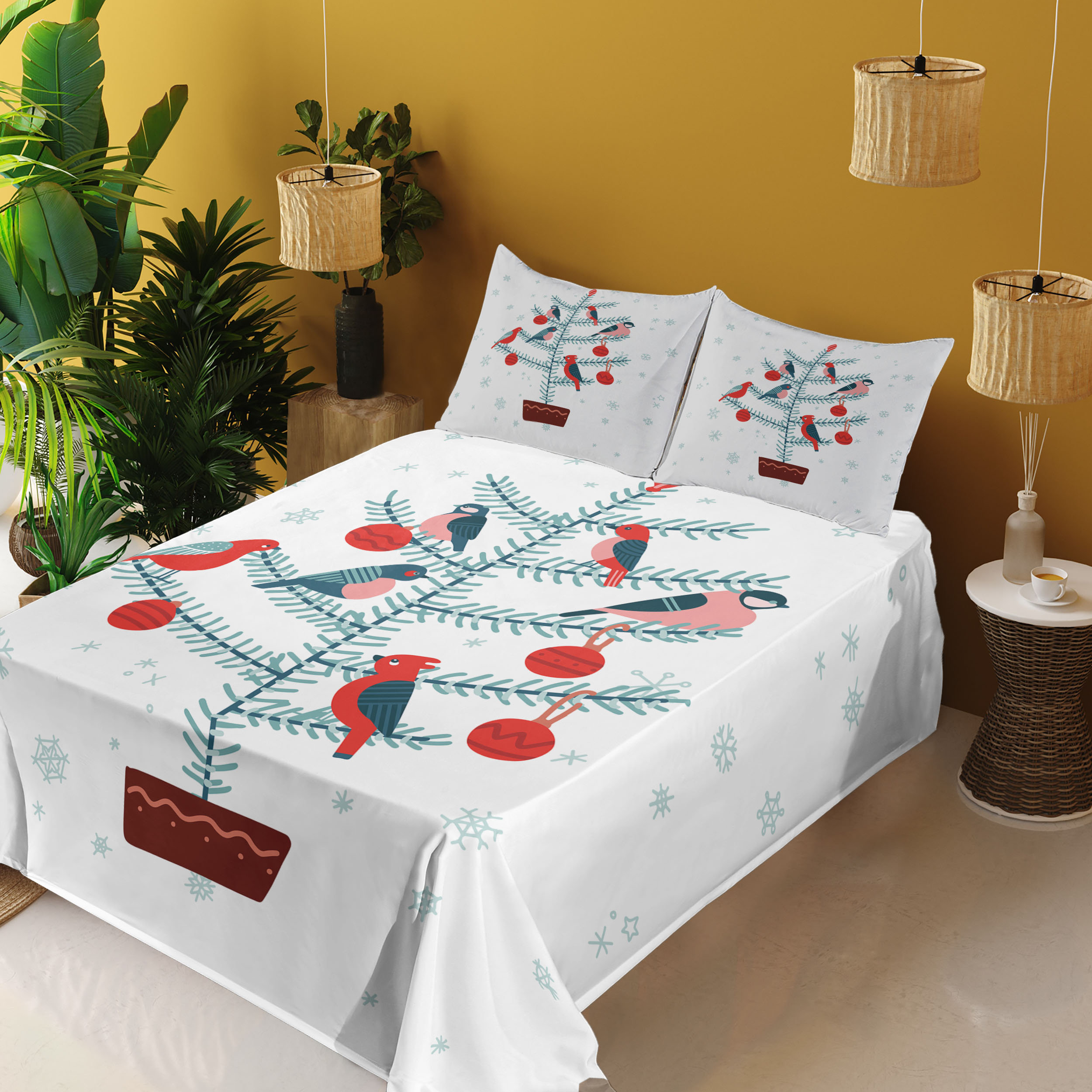 Ambesonne Cardinal Sheet Set Fir Tree with Birds Art Scarlet Dark Sea ...