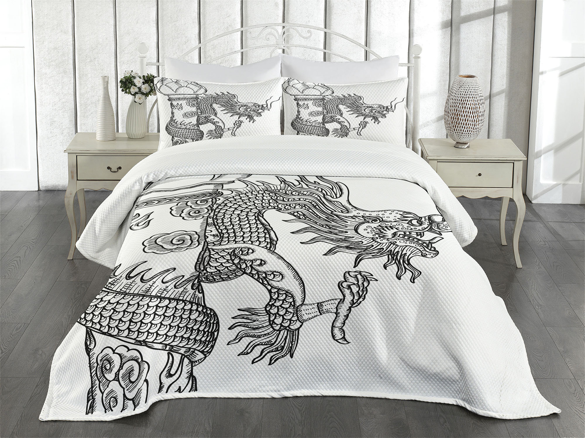 Ambesonne Dragon Bedspread Set Chinese Creature Black White | Wayfair