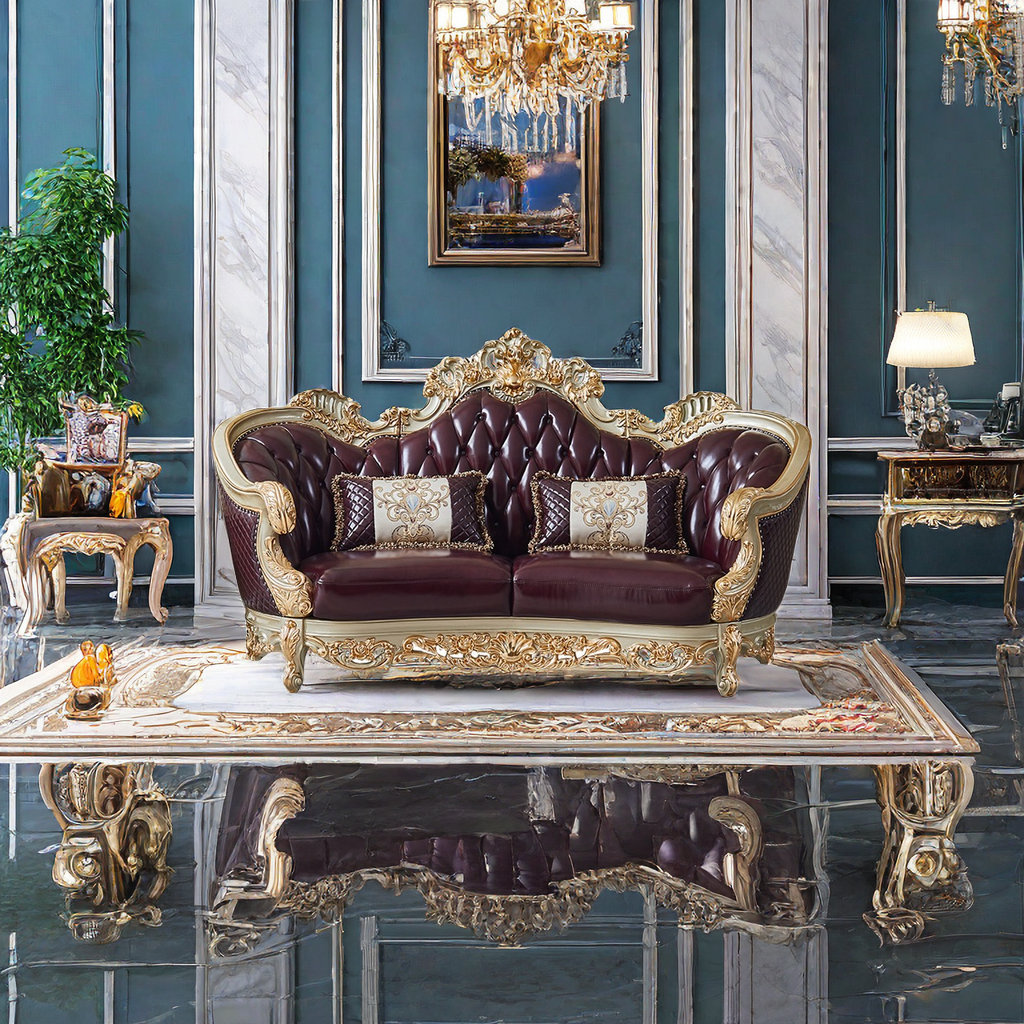 Romero European Living Room High-end Carved Leather Sofa 94.4'' Genuine ...