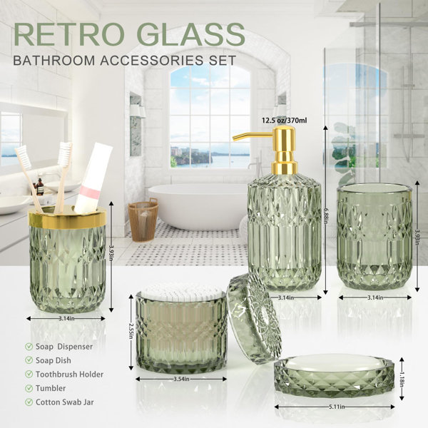Mercer41 Green Bathroom Accessories Set - 5 PCS Glass Bathroom Decor ...