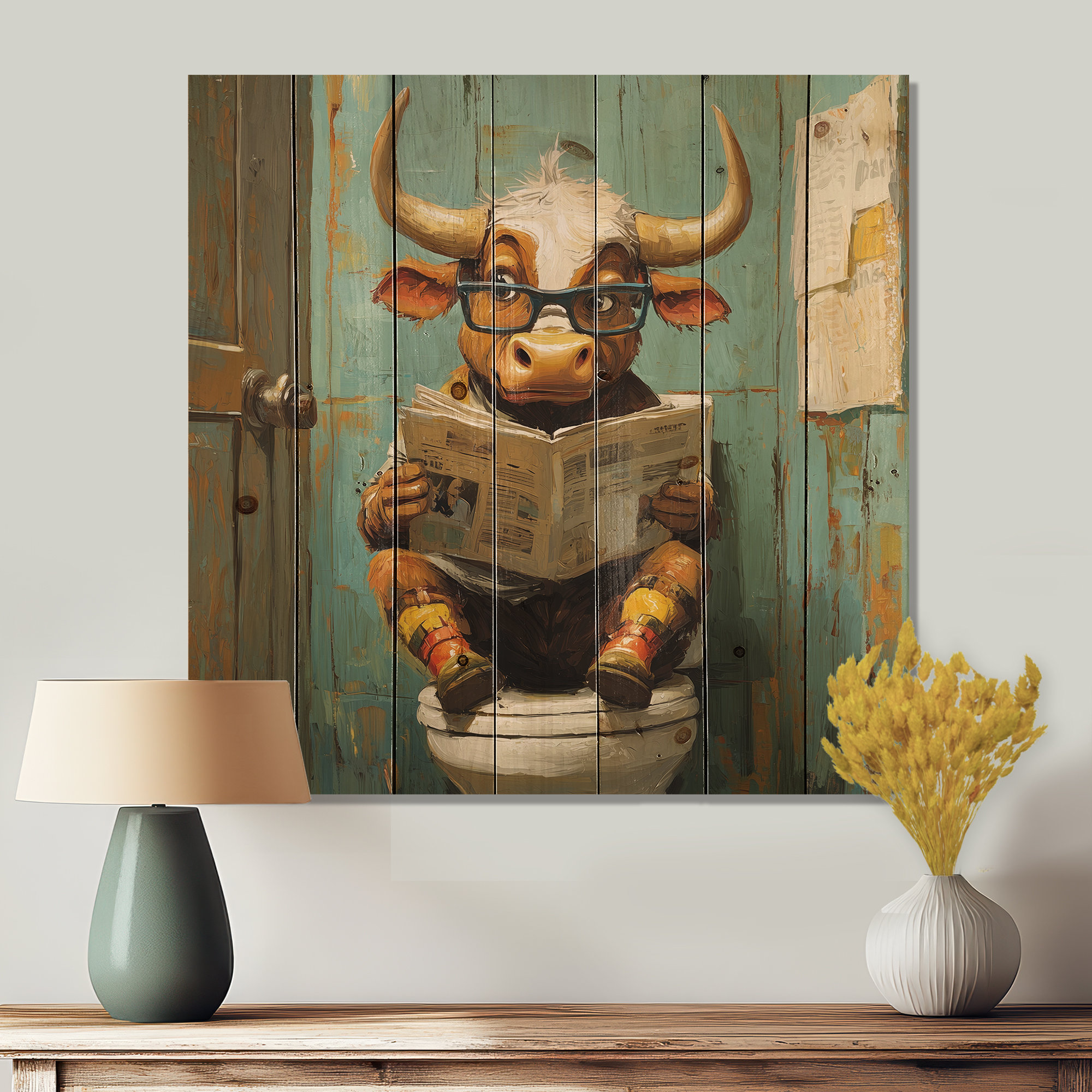 Ophelia & Co. Cute Cow Reading Newspaper In The Bathroom - Cow Animal ...