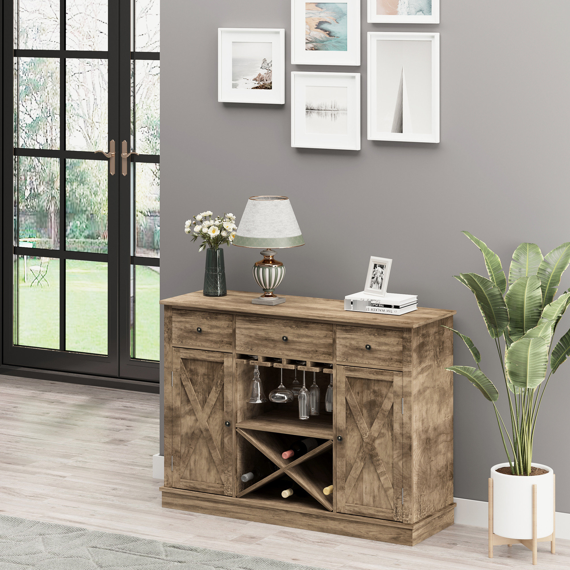 Ophelia & Co. Oak Side Cabinet With Drawers And Wine Storage Feature ...