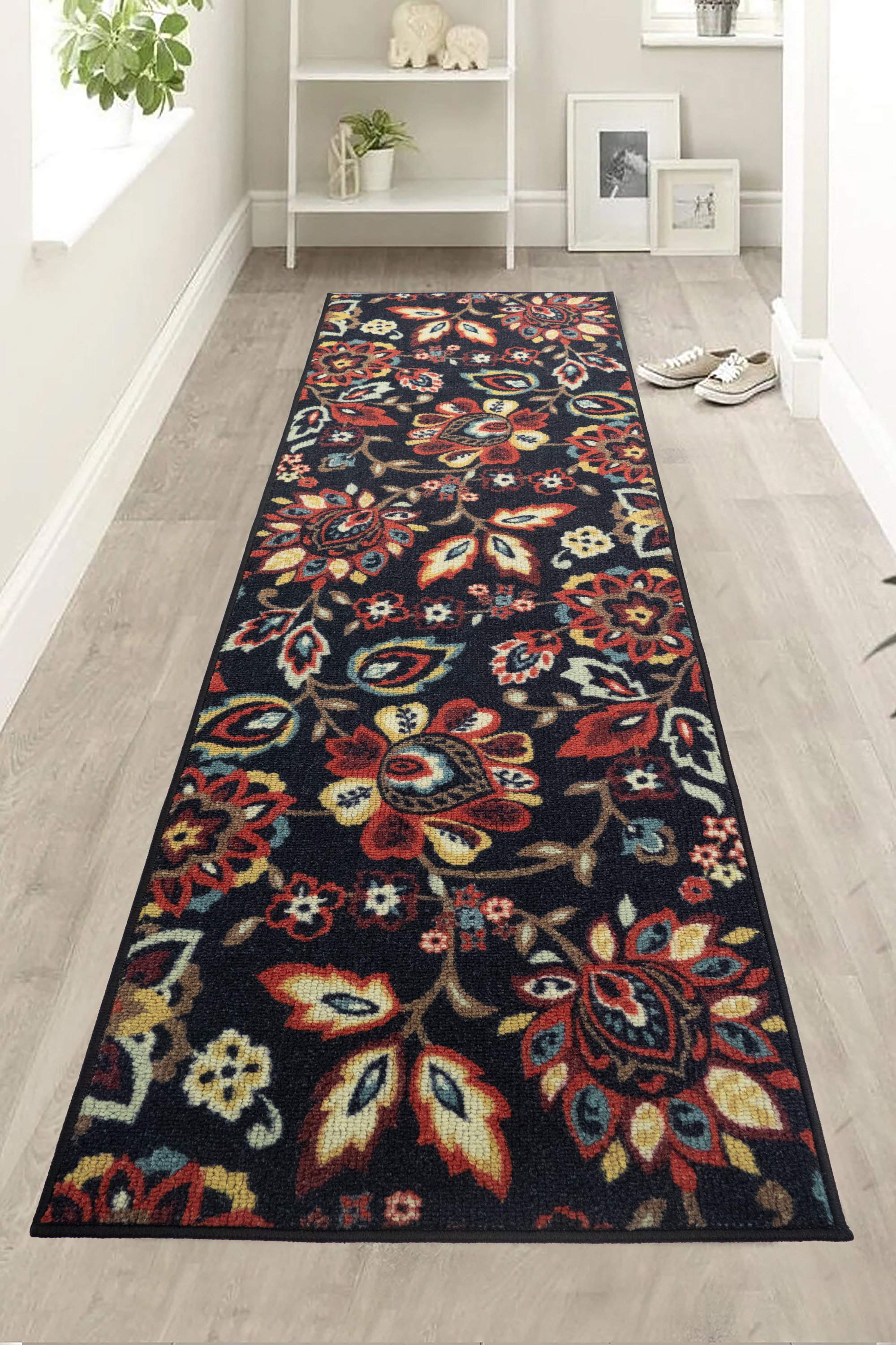 Charlton Home® Custom Size Runner Rug Berber Style Floral Black Low ...
