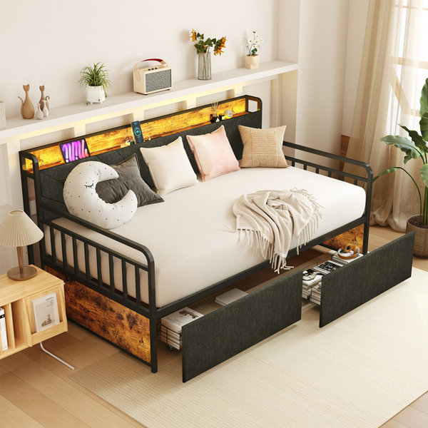 17 Stories Twin LED Daybed with Pop Up Trundle & Charging Station | Wayfair