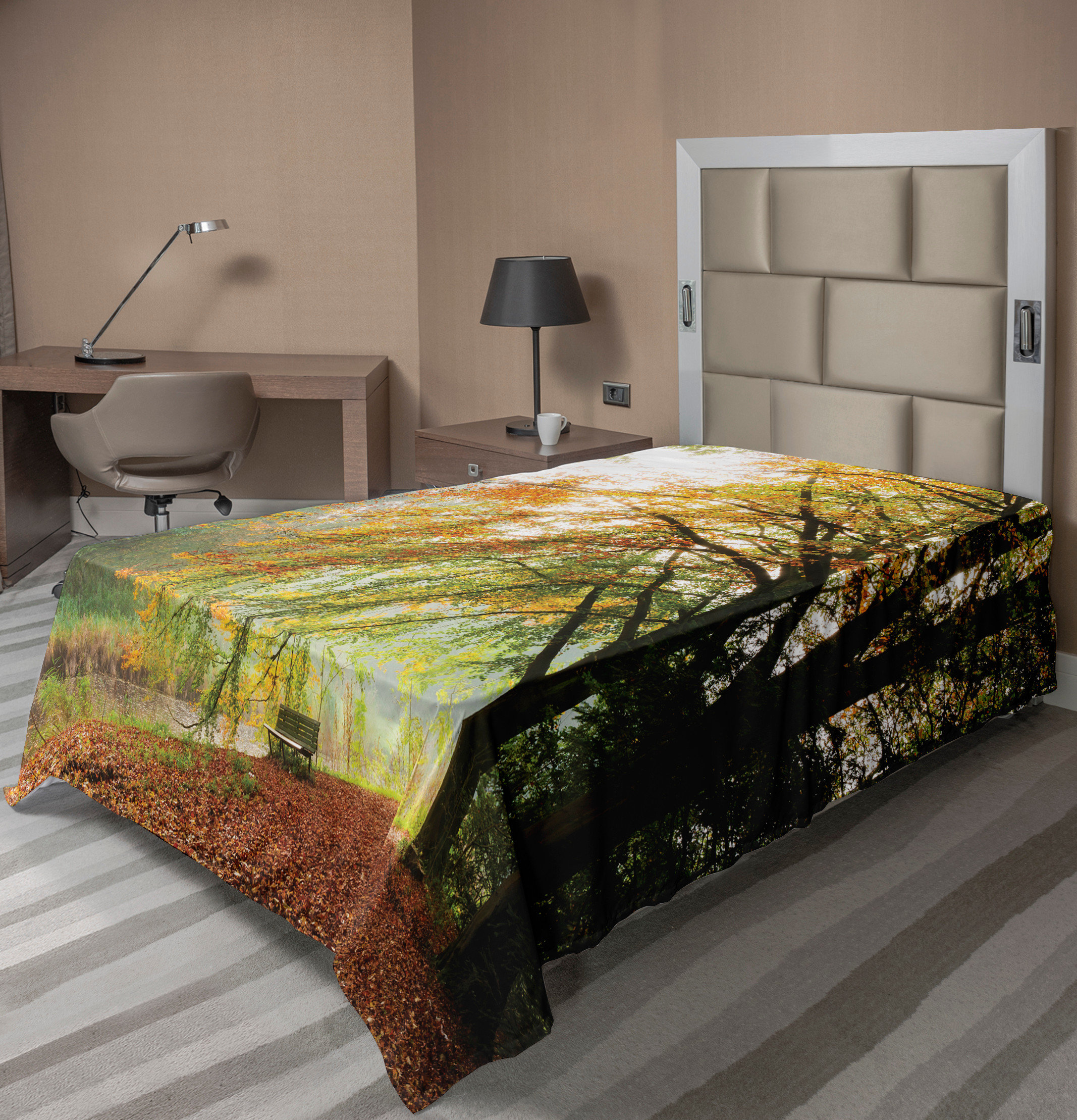 Ambesonne Fall Top Flat Sheet Autumn Forest Peace View Orange Green ...