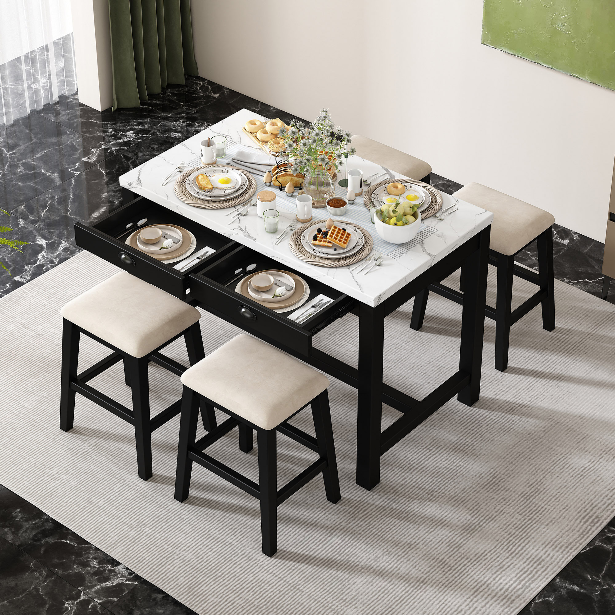 Ivy Bronx 5-Piece Dining Table Set For 4, Counter Height Modern Kitchen ...