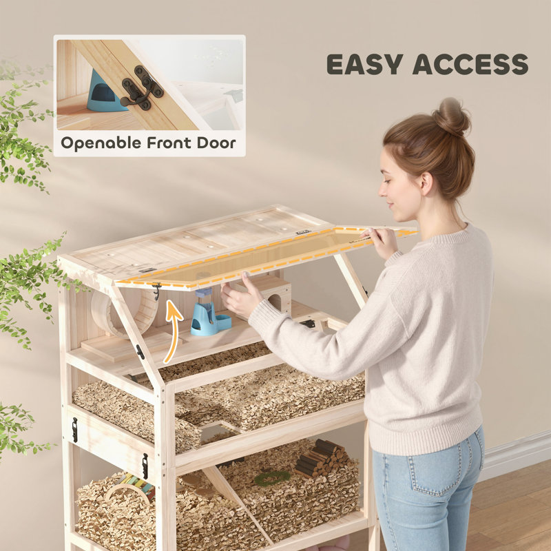 August Grove® Wooden Hamster Cage, 3 Tier Small Animal Cage with ...