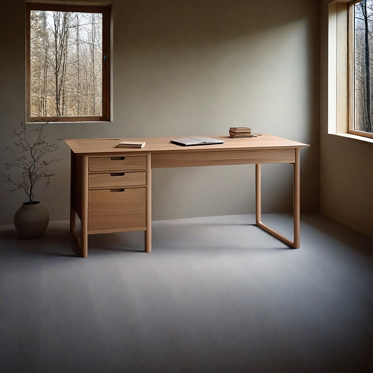 Brass Foam Burlywood Rectangle Solid Wood Writing Desk,3-Drawer ...