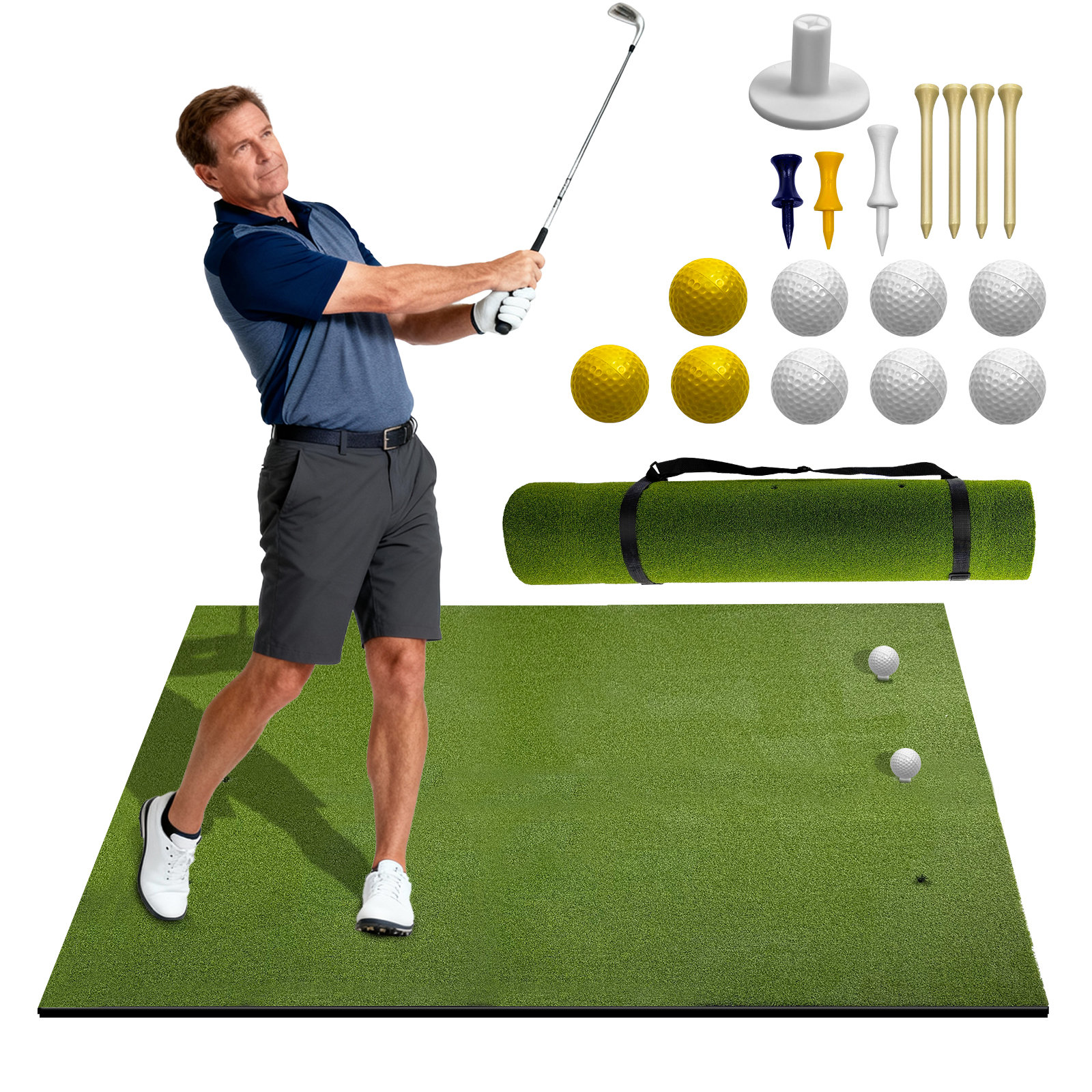 EVGTTI Golf Hitting Mat 5x4ft, 26mm Thick 3-layer Turf Mat With 6 Tee ...