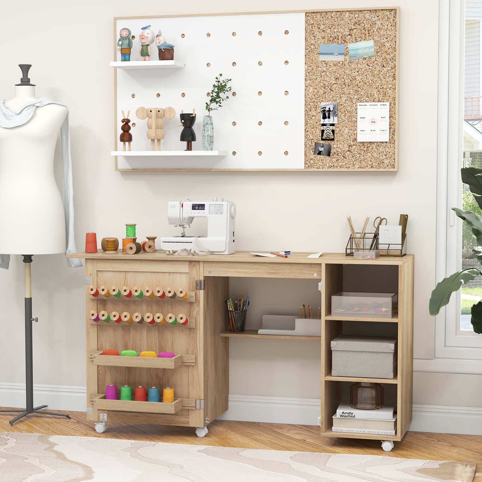 Costway Rattan Sewing Machine Table With Rattan Door 18 Pegs Storage ...