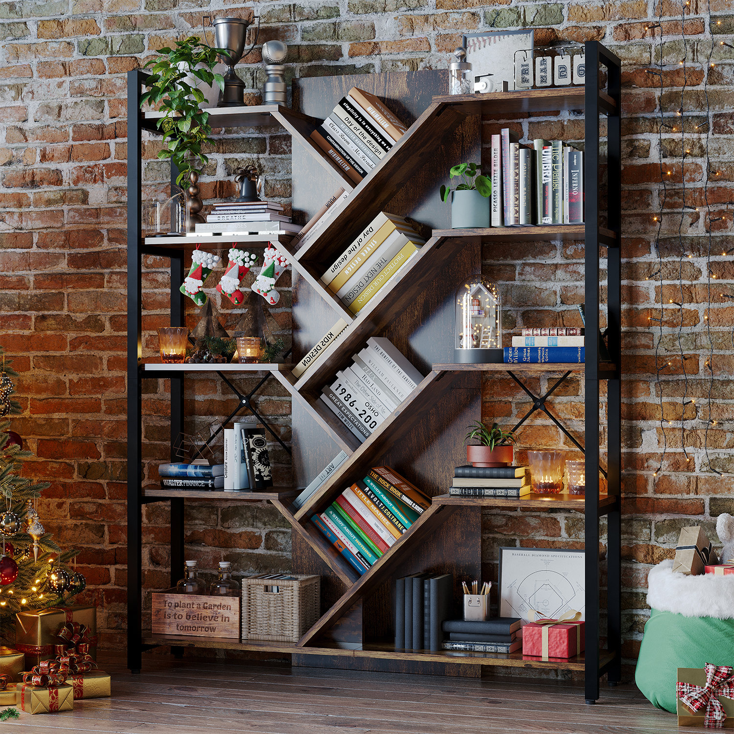 17 Stories Industrial Tree Bookshelf, 5 Tier Tall Storage Rack With ...