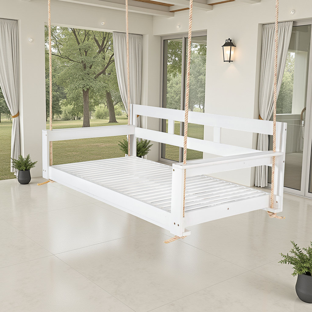 Latitude Run® Acacia Wood Patio Swing Bench Hanging Chair, Twin-Size ...