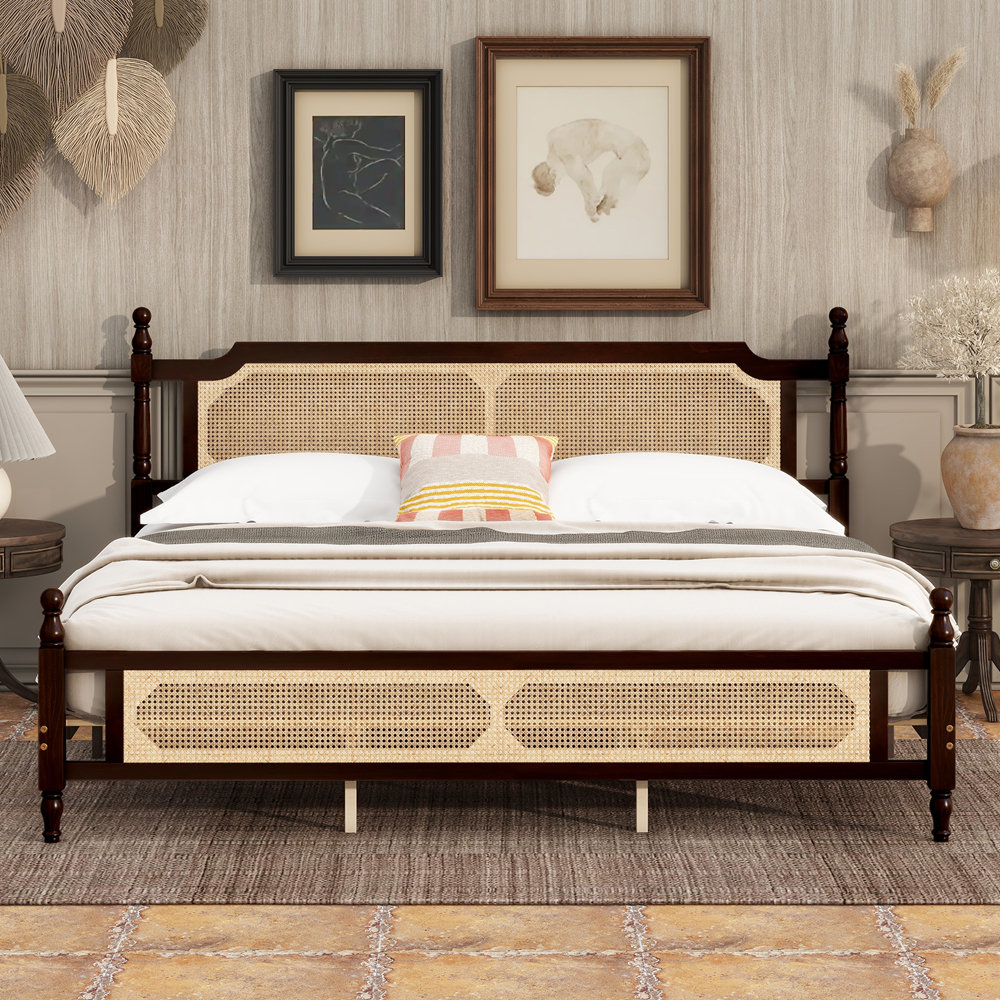 Red Barrel Studio® King Pine wooden Bed with Rattan Headboard and Footboard, with Central ...