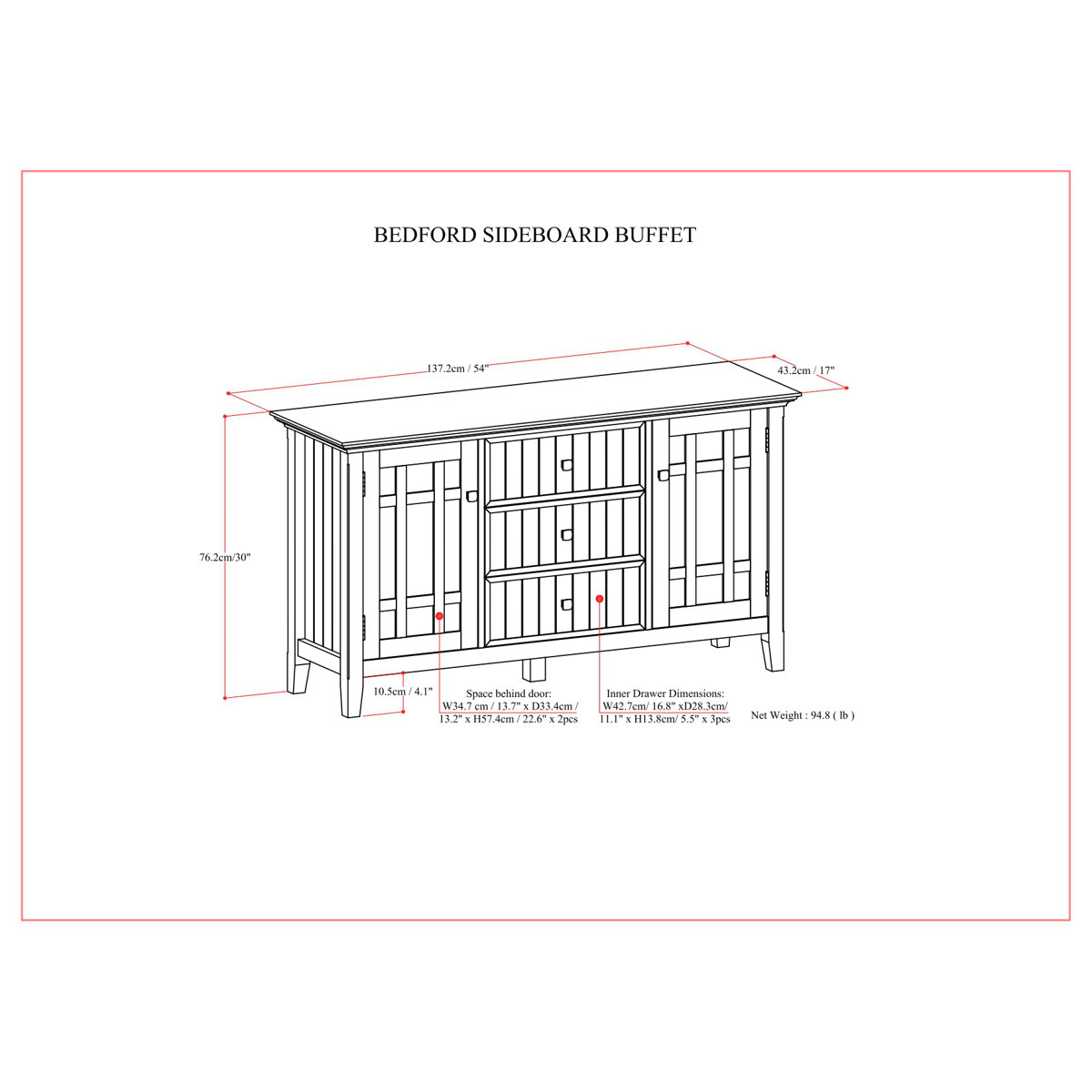 Simpli Home Bedford 54"W Solid Wood Sideboard Buffet with 3 Drawers and ...