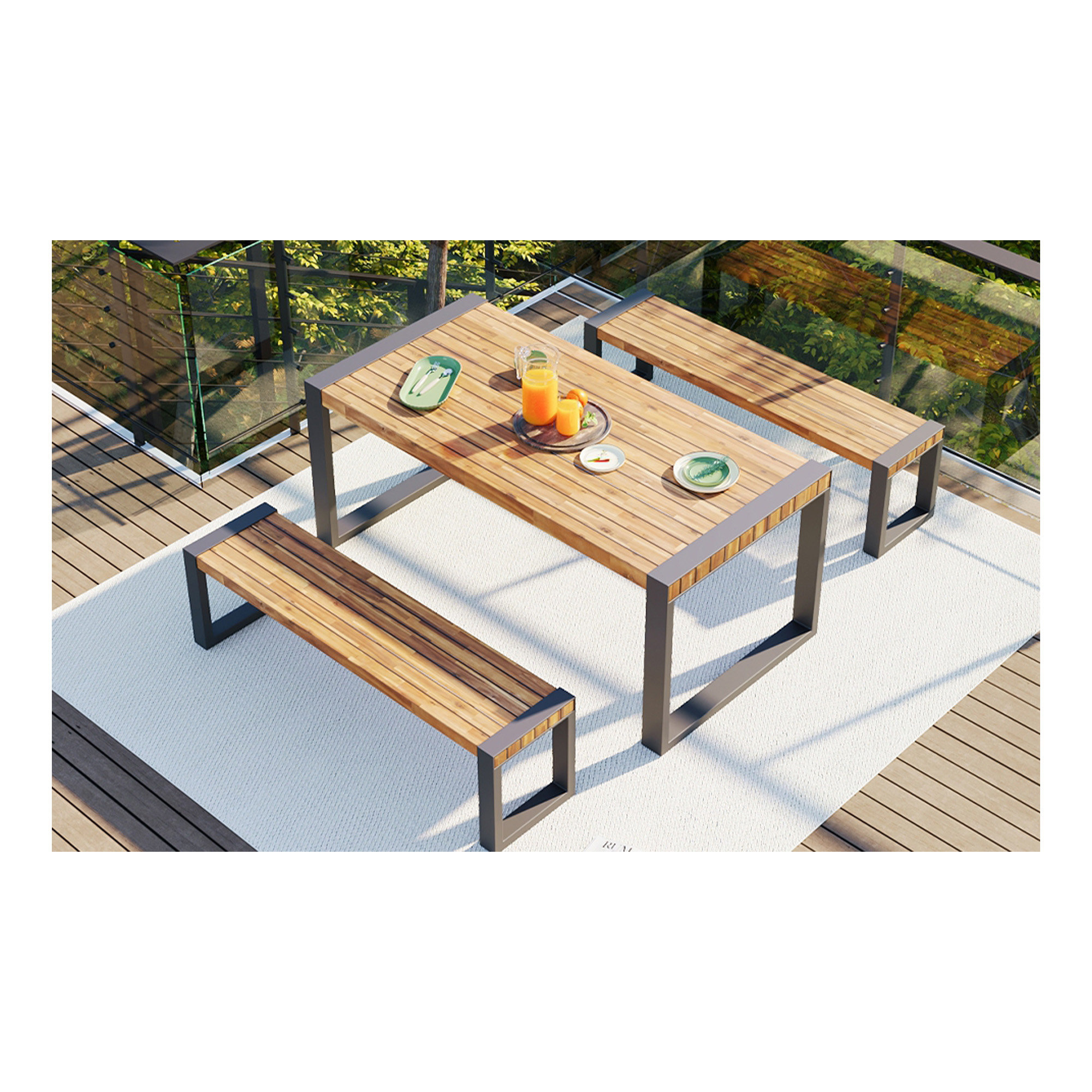17 Stories GO 3-pieces Outdoor Dining Table With 2 Benches, Patio ...