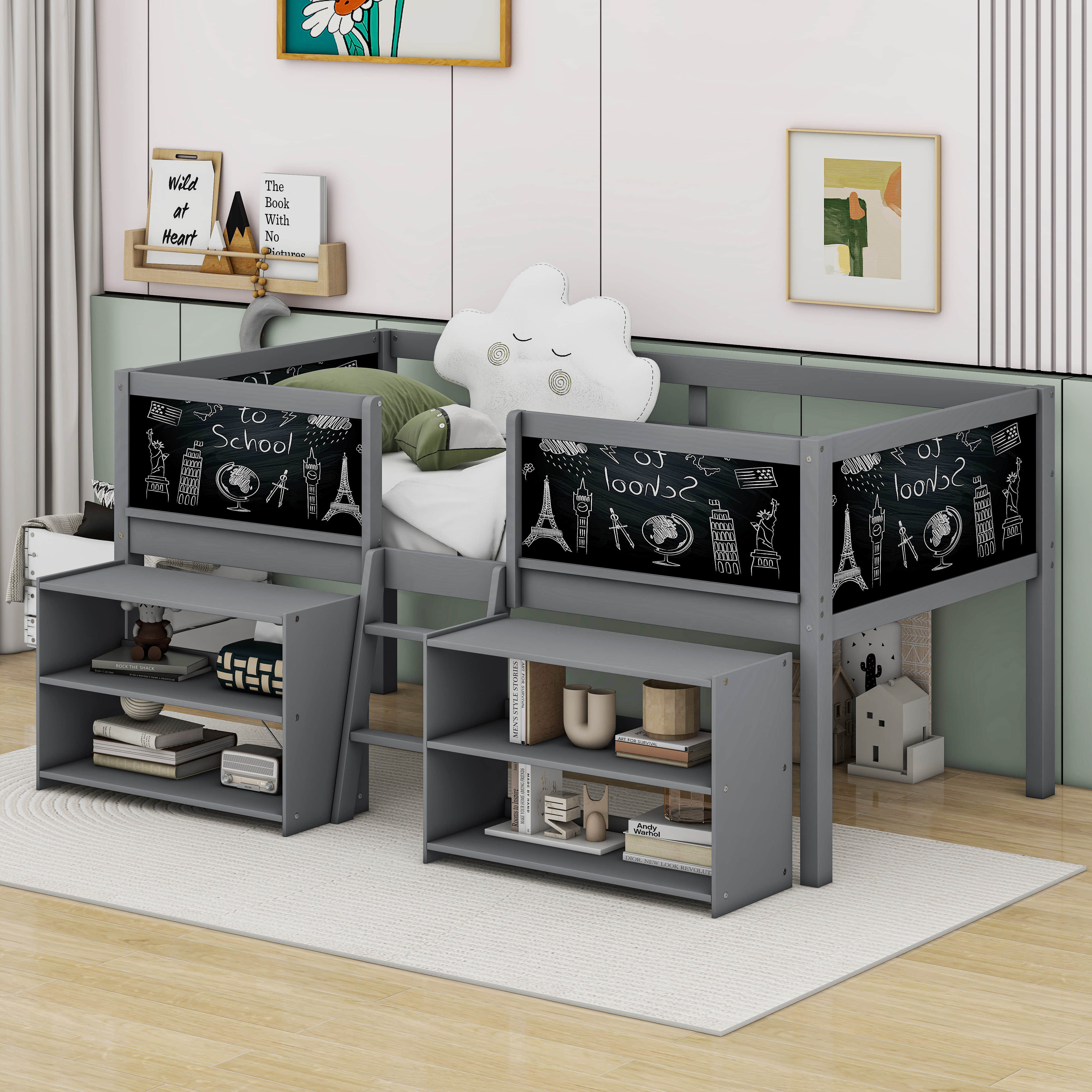 Cosmic Twin Low Loft Bed with Two Movable Shelves and Decorative ...