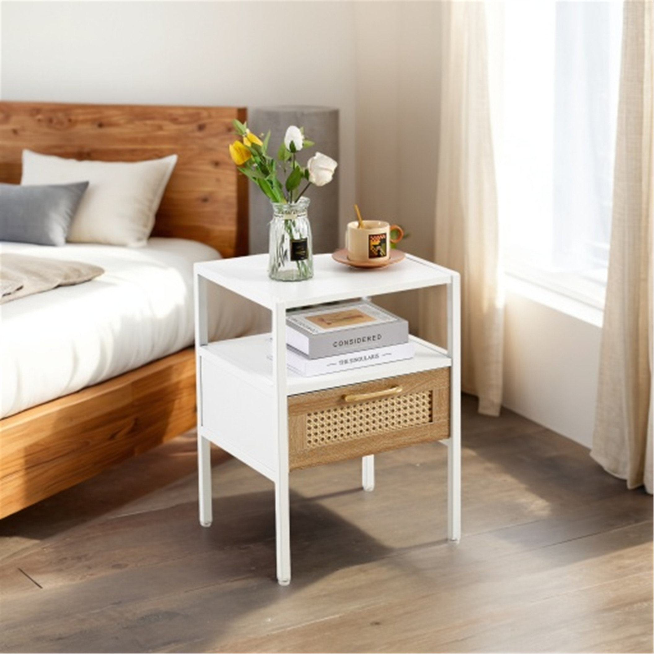 Dakota Fields Modern Rattan Side Table with Power Outlet and Drawer for ...