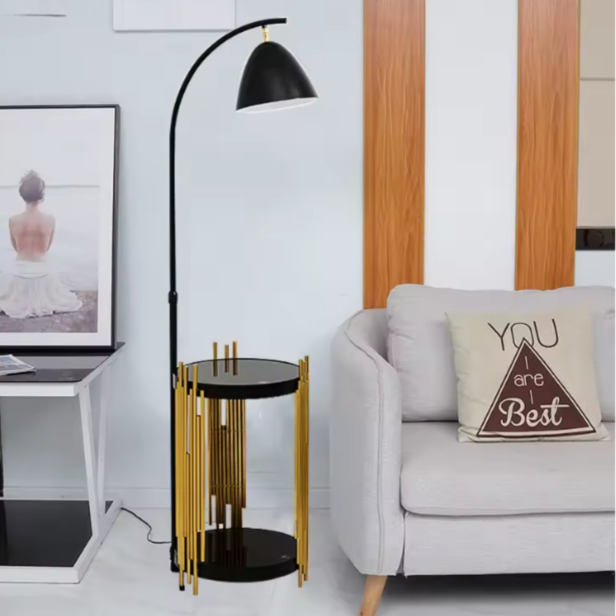 17 Stories Lampe sur pied de luxe avec tablettes et abat-jour en métal ...