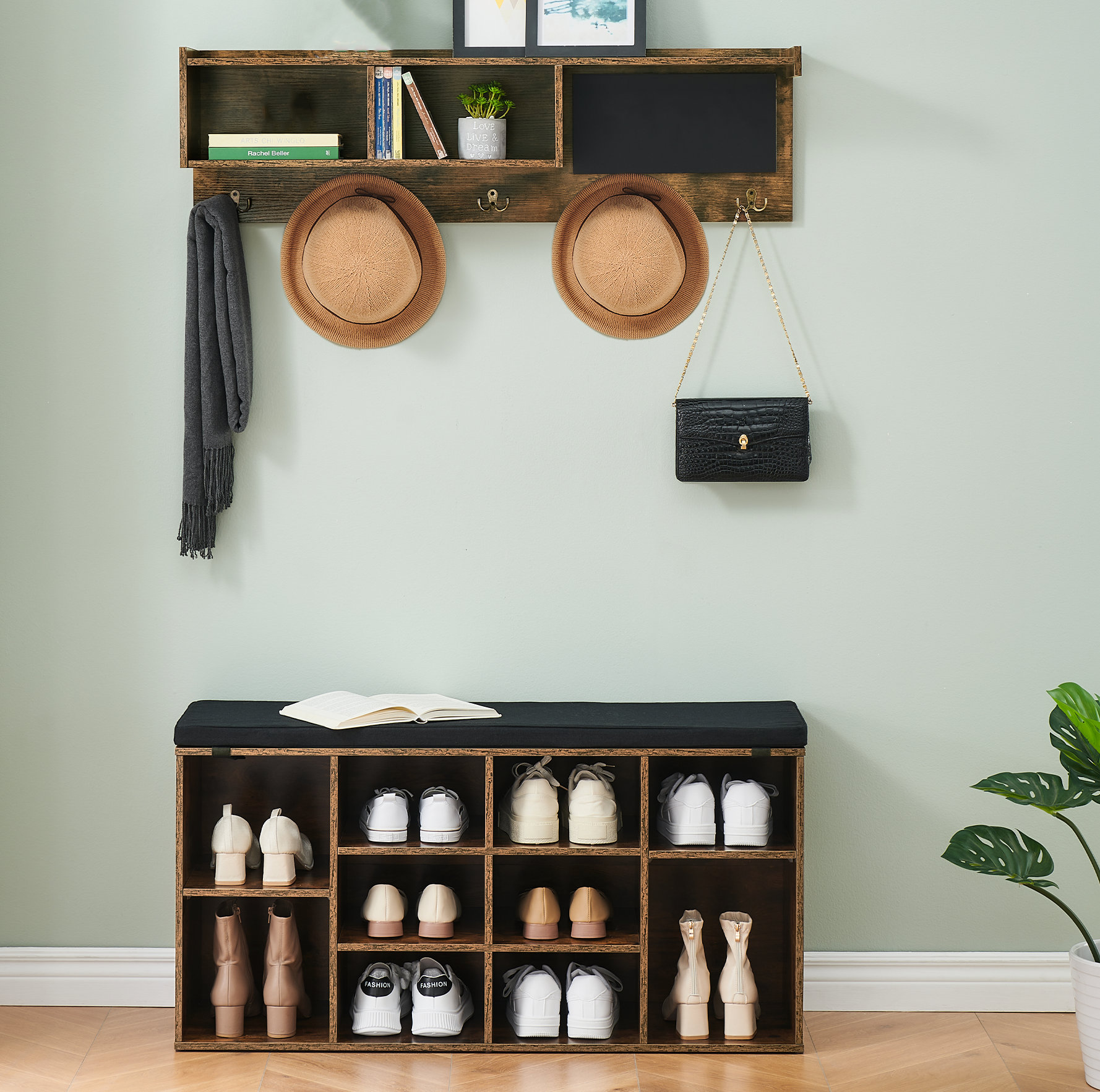 Latitude Run® Hall Tree Shoe Bench 6 In 1 Coat Shoe Rack With 5 Hooks