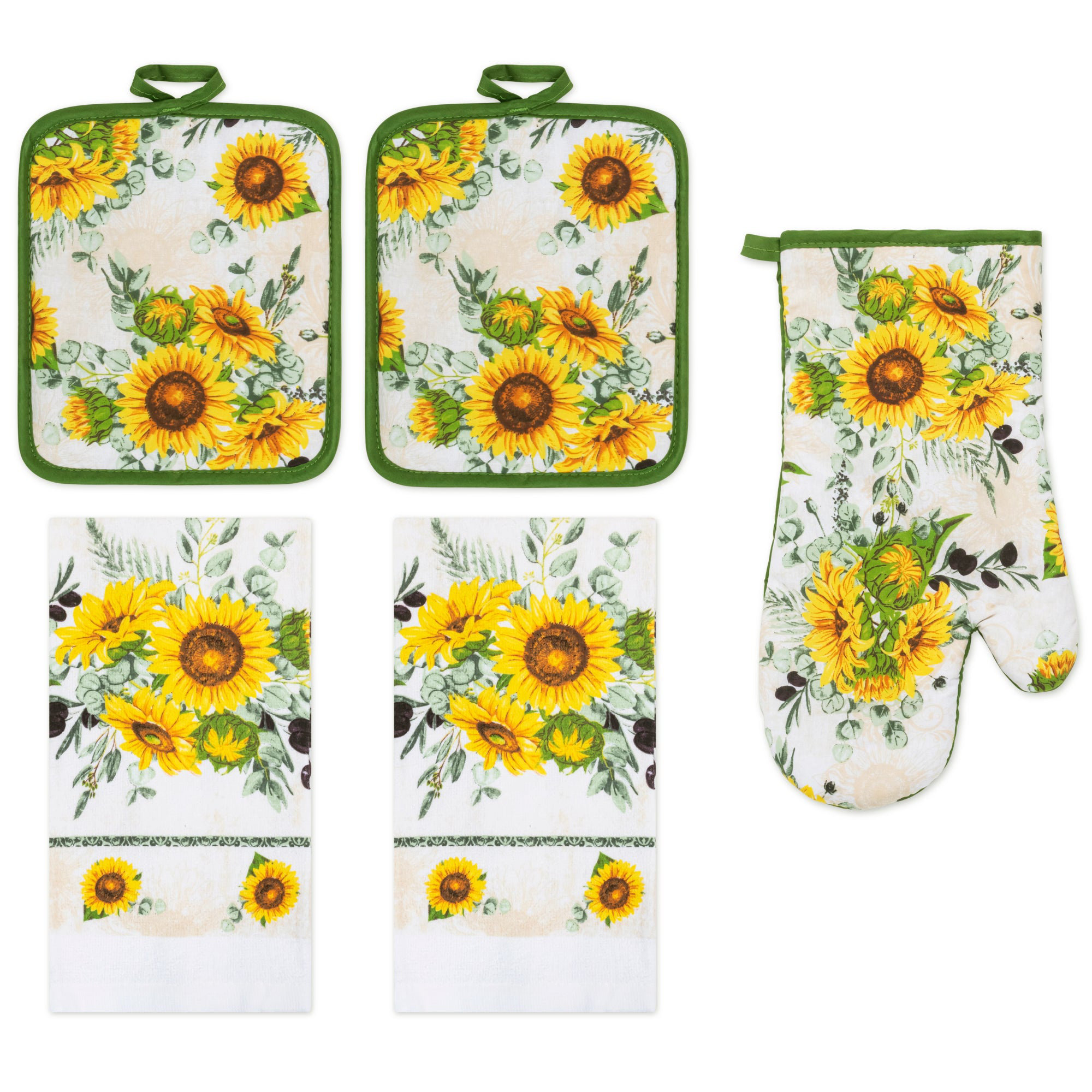 PREMIUS 5 Piece Printed Kitchen Linen Set, Sunflower, 2 Cotton Towels ...