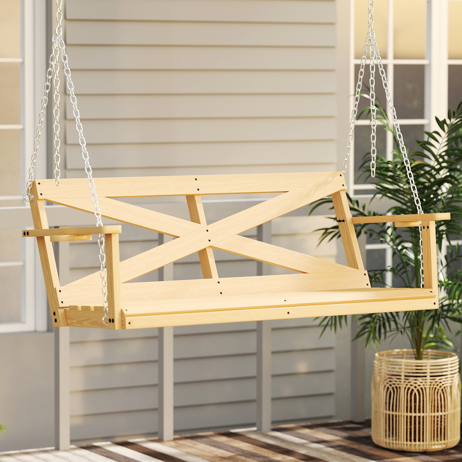 Gracie Oaks Porch Swing 2 Person Outdoor Patio Swing With 4 Iron Chains ...