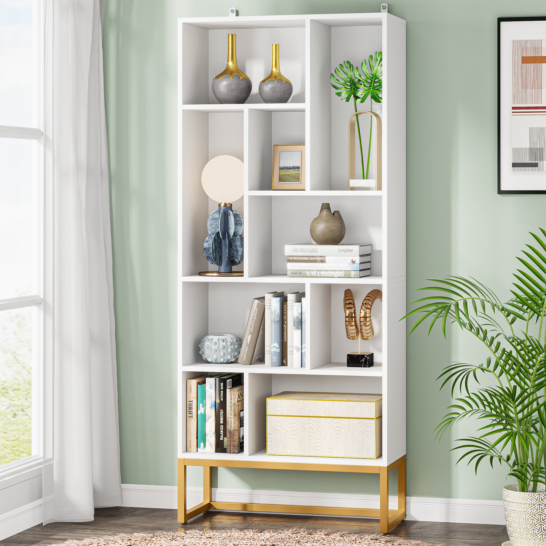 Mercer41 White 5-Tier Open Tall Bookshelf And Bookcases With Gold Metal ...