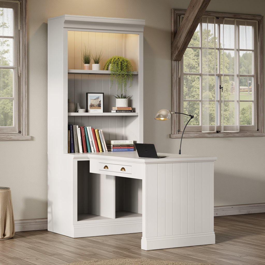 Red Barrel Studio® Solid Wood Writing Desk Bookcase Desk Combo with ...