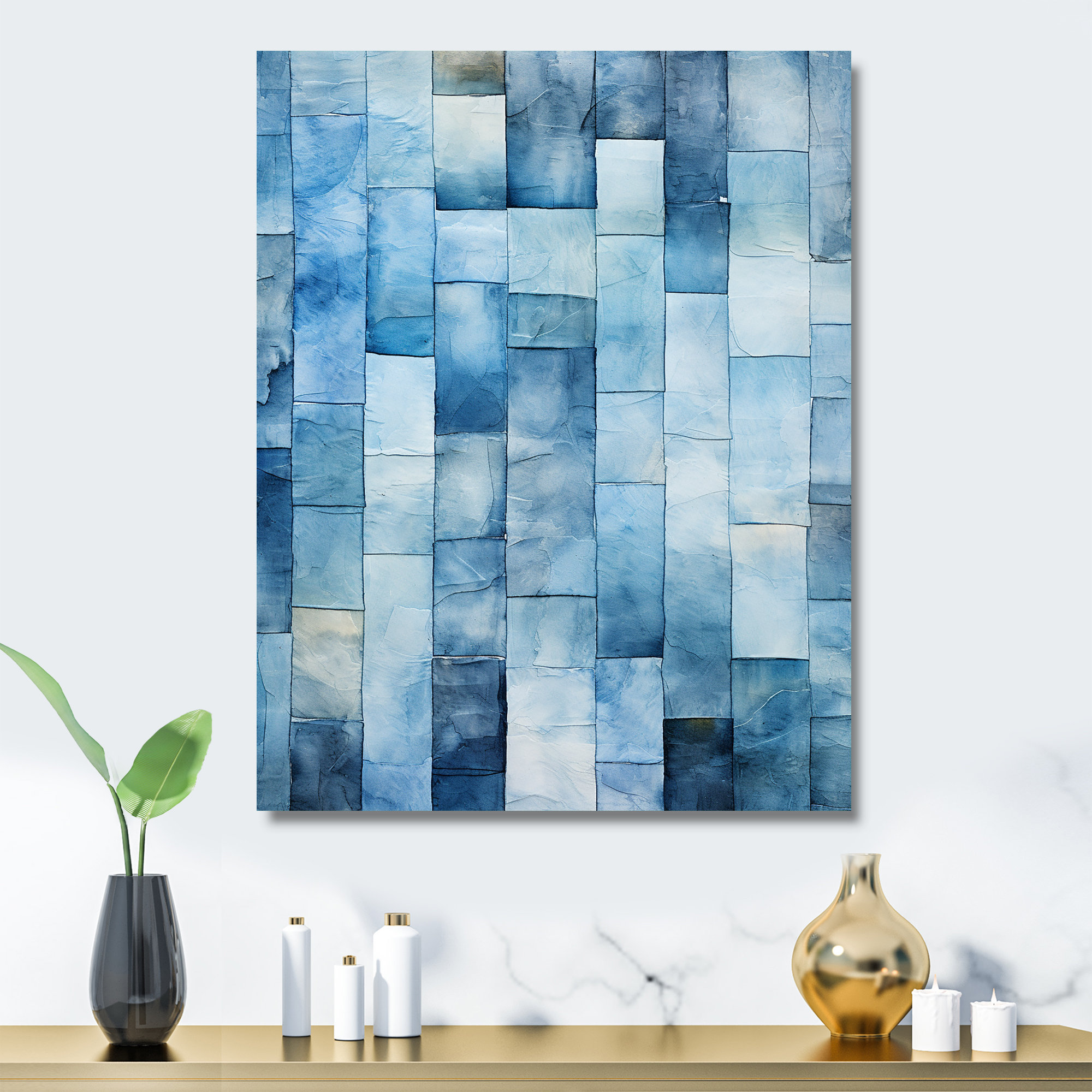 Ivy Bronx White And Blue Scandinavian Tiles V - Abstract Tile Metal ...