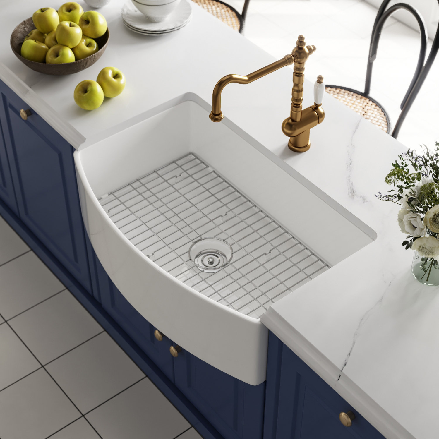 DeerValley Fireclay Single Basin Curved Farmhouse Kitchen Sink with ...