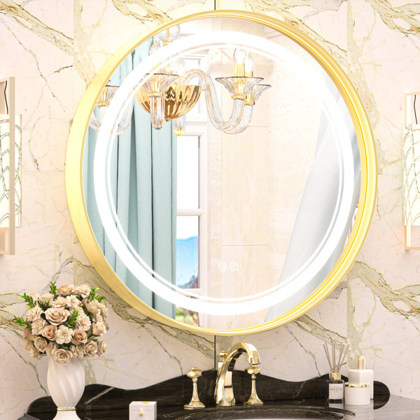 Latitude Run® Lawnmount Round Vanity Mirror LED Lighted Metal Wall ...
