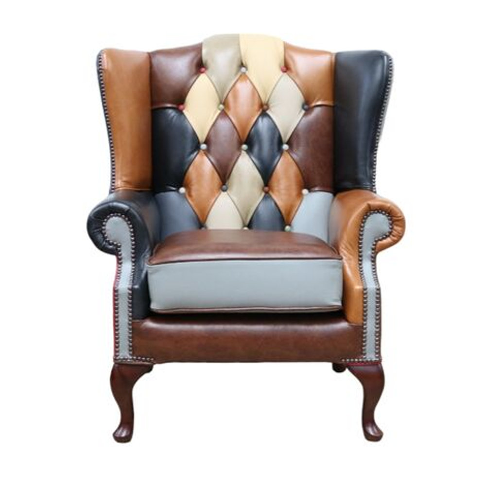 Rosalind Wheeler Chesterfield Patchwork Queen Anne Wing Chair Antique Blue & Oxblood Leather ...
