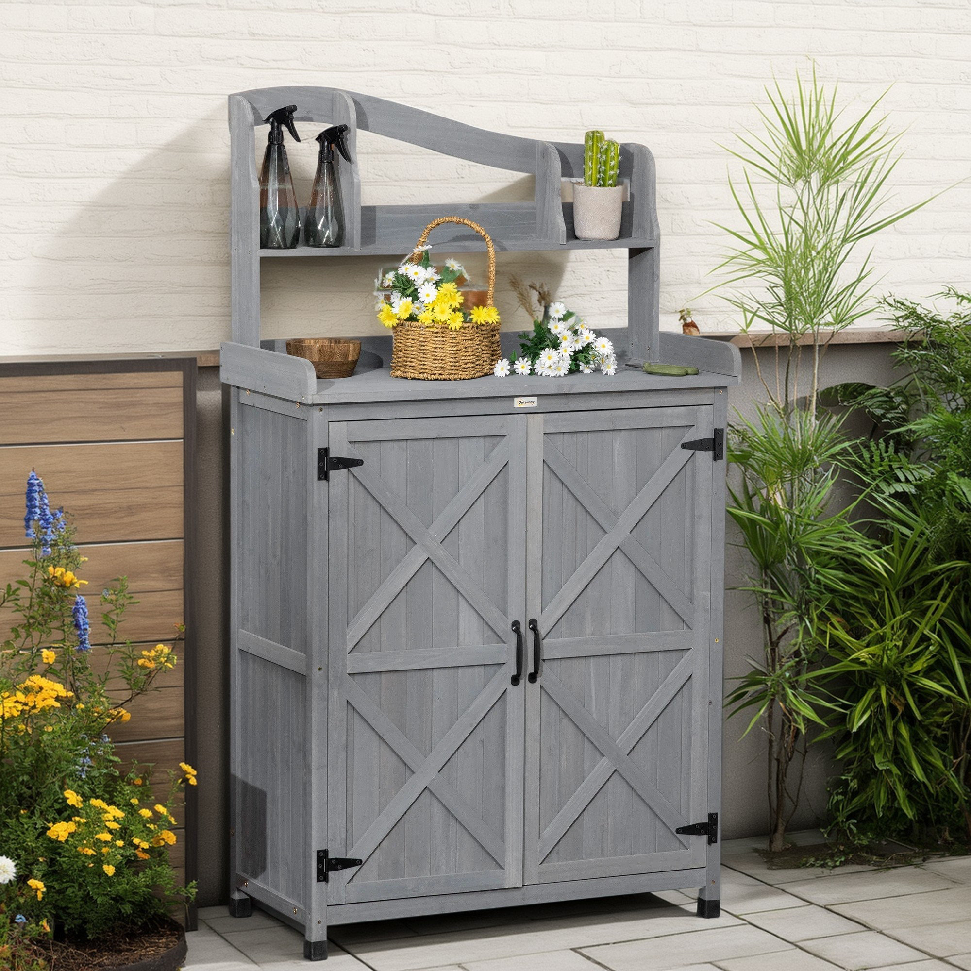 Red Barrel Studio® Outsunny Potting Bench Table, Outdoor Storage ...