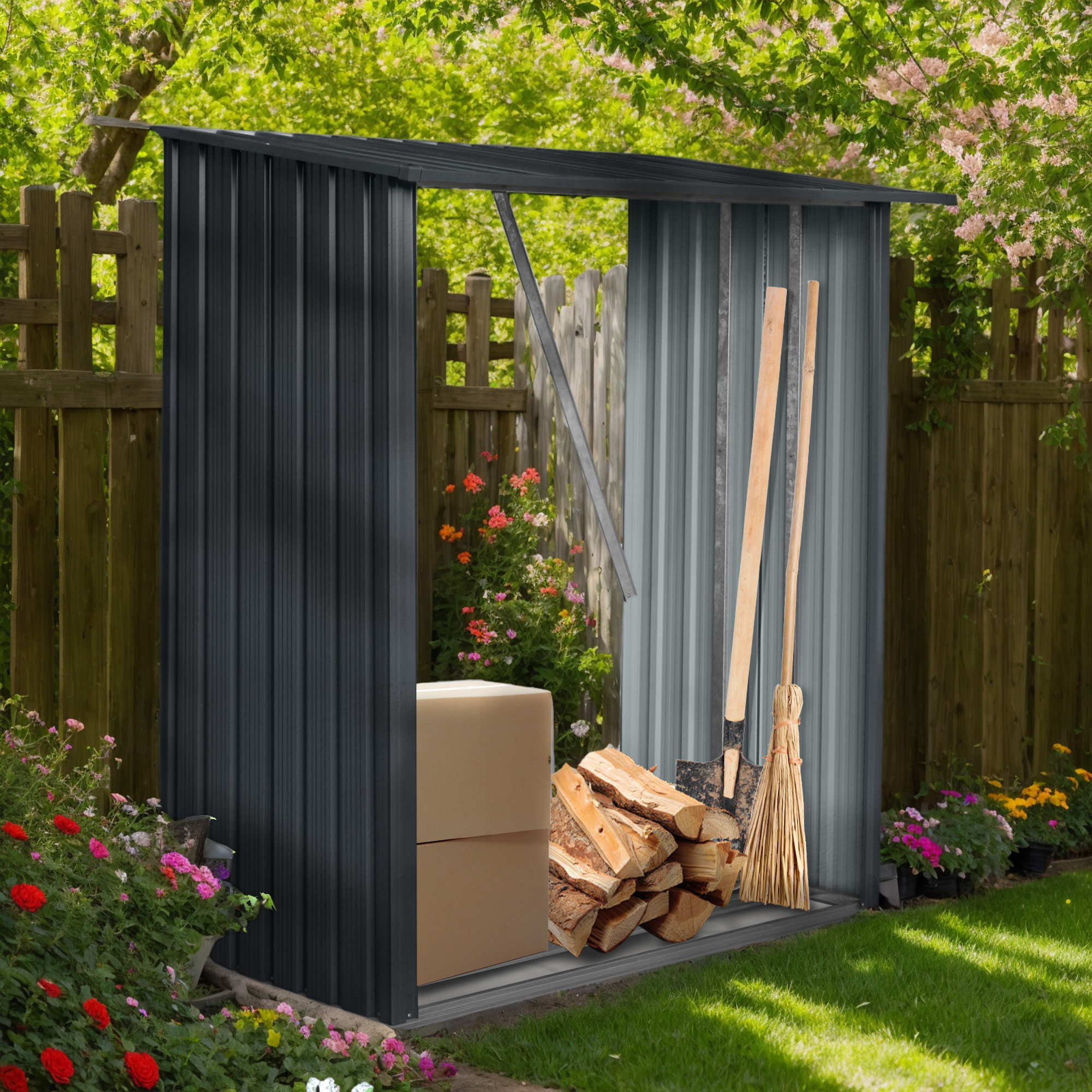 buthreing Outdoor Meta Firewood Rack ,Open Wood Shed For Firewood ...