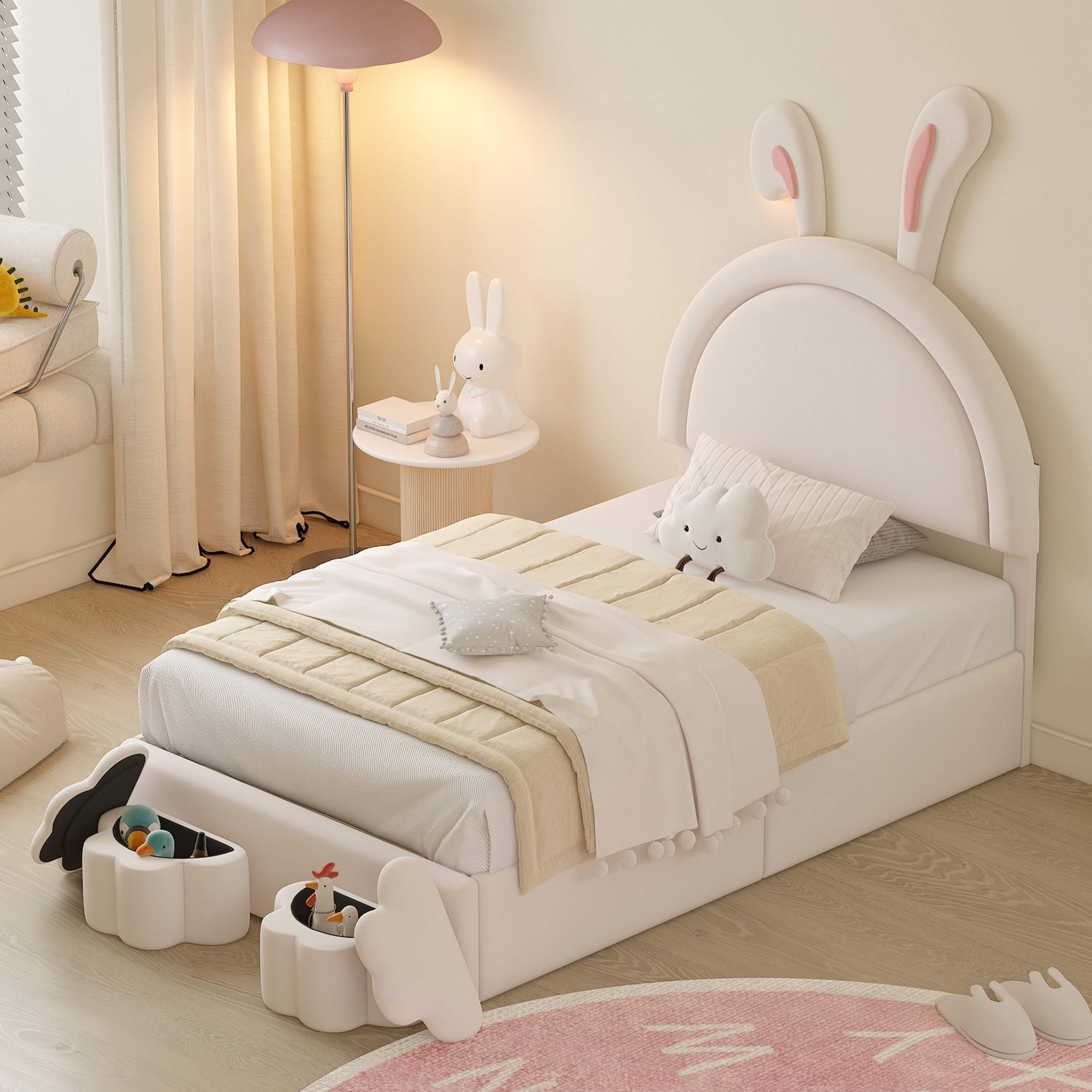 Zoomie Kids Upholstered Rabbit-Shape Bed With 2 Storage Stools, Velvet ...
