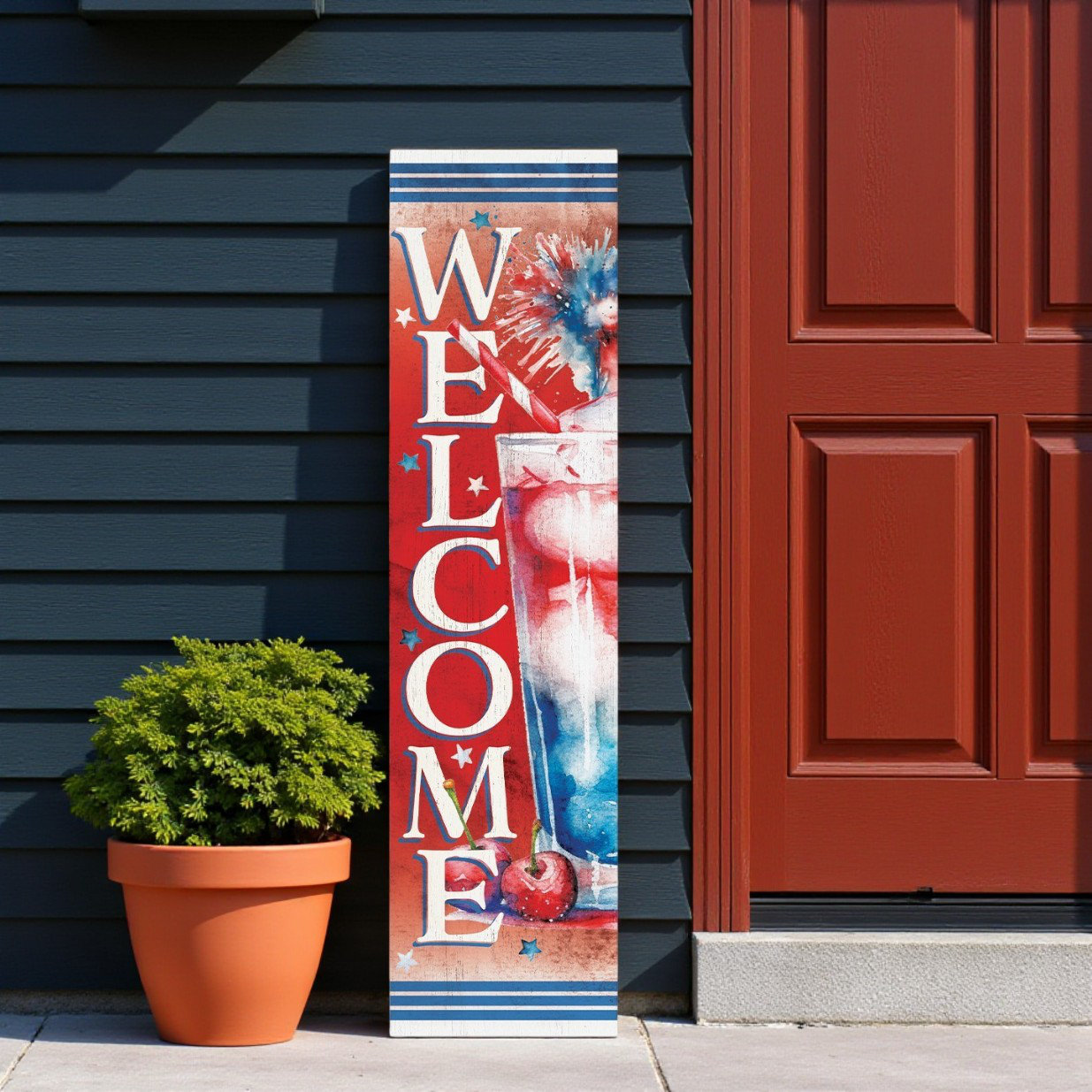 HomeRoots 36" Red White And Blue Solid Wood Welcome Porch Sign | Wayfair