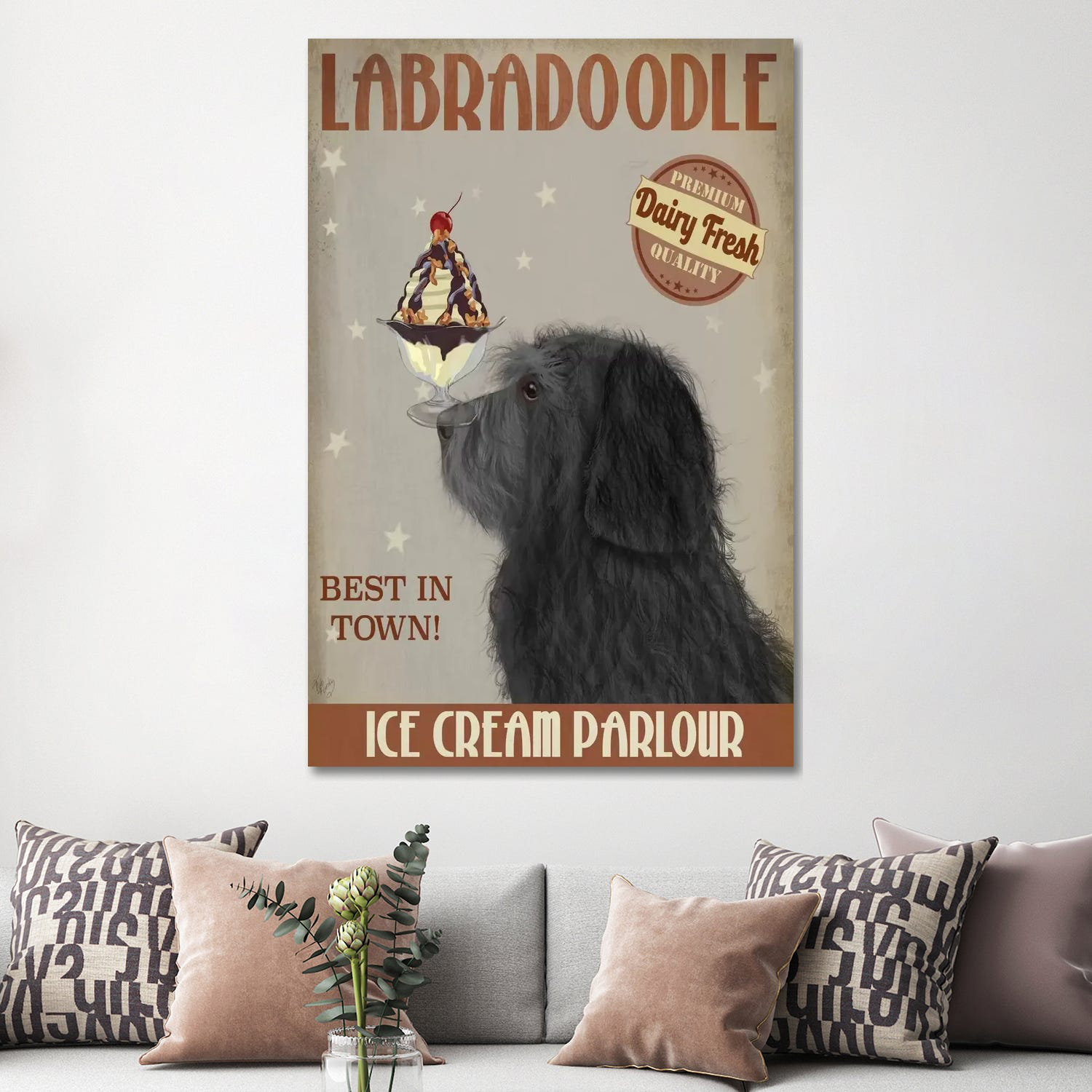 Happy Larry Labradoodle, Black, Ice Cream by Fab Funky - Wrapped Canvas ...