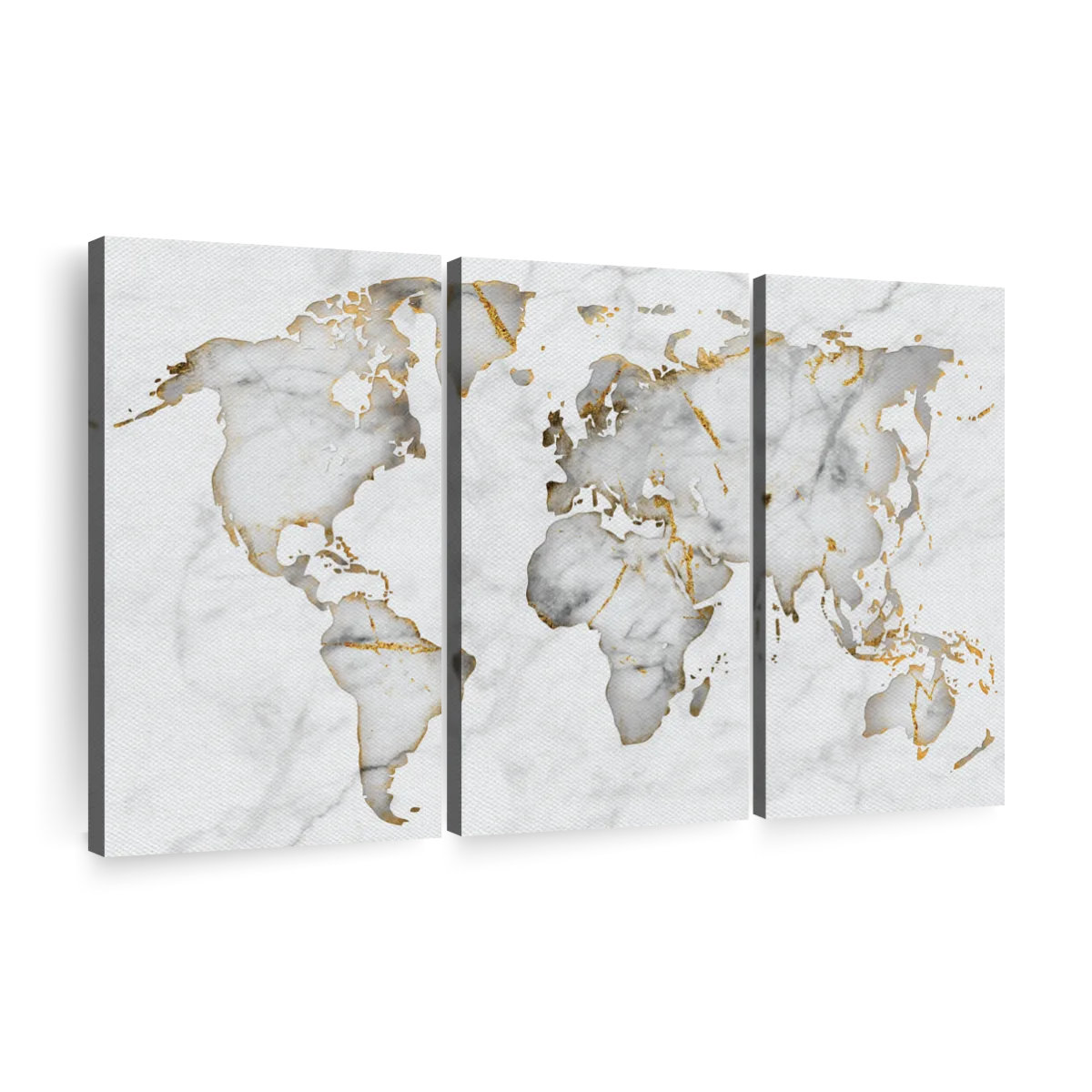 17 Stories World Map White Marble World Map On Canvas 3 Pieces Set ...