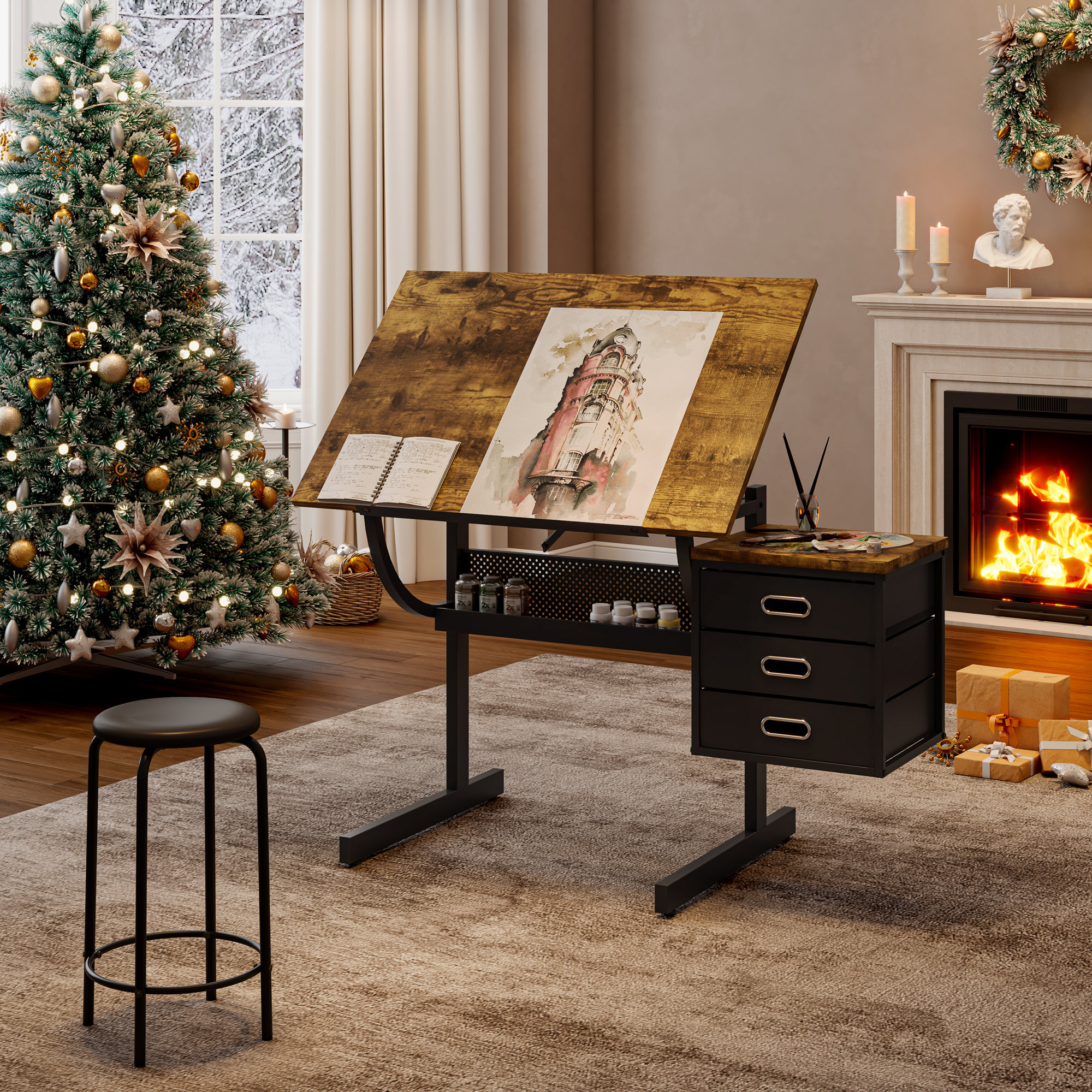 Inbox Zero drafting drawing table with stool and 3 drawers | Wayfair