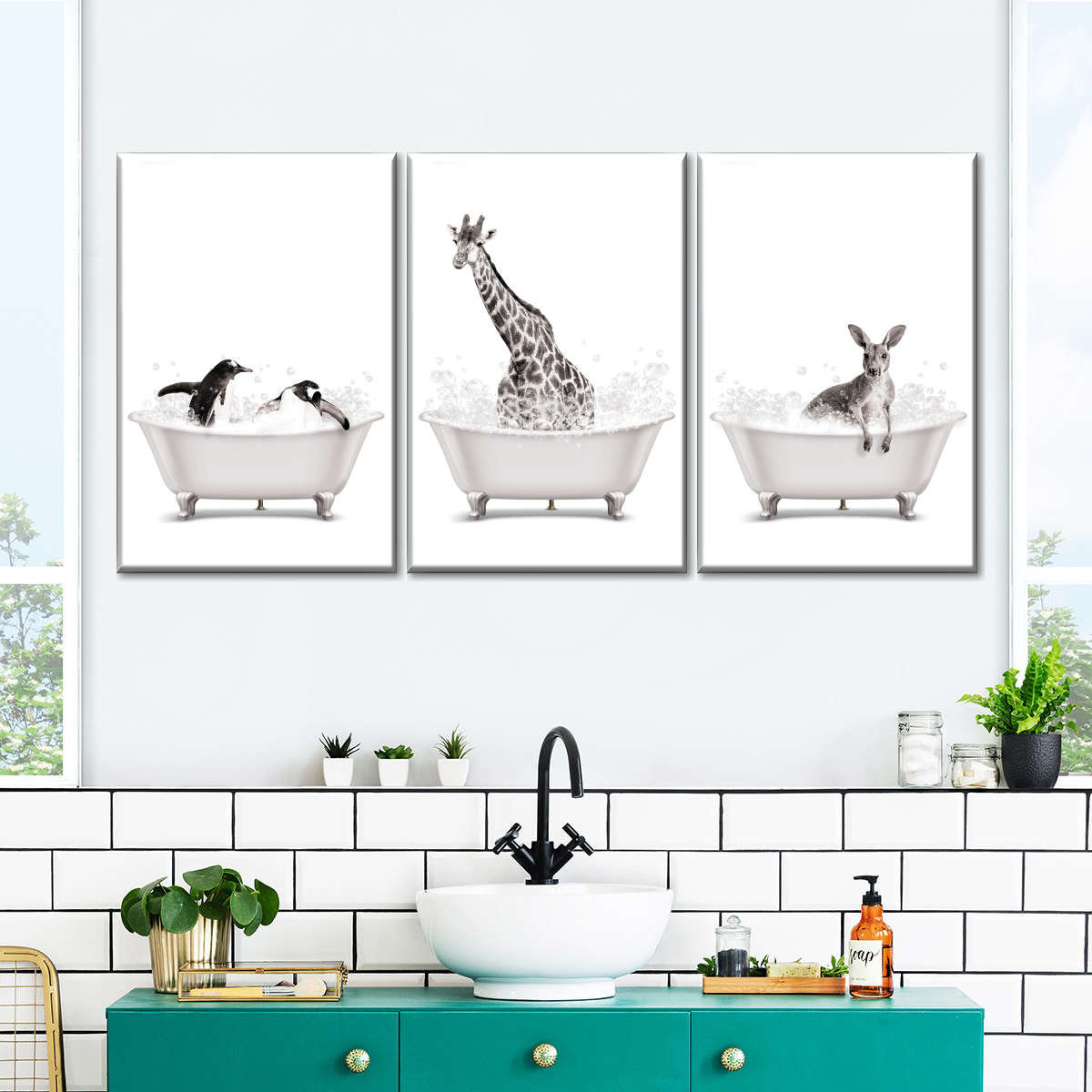 Trinx Bathtub Animals Penguin Giraffe Kangaroo Multi Piece Canvas Print ...