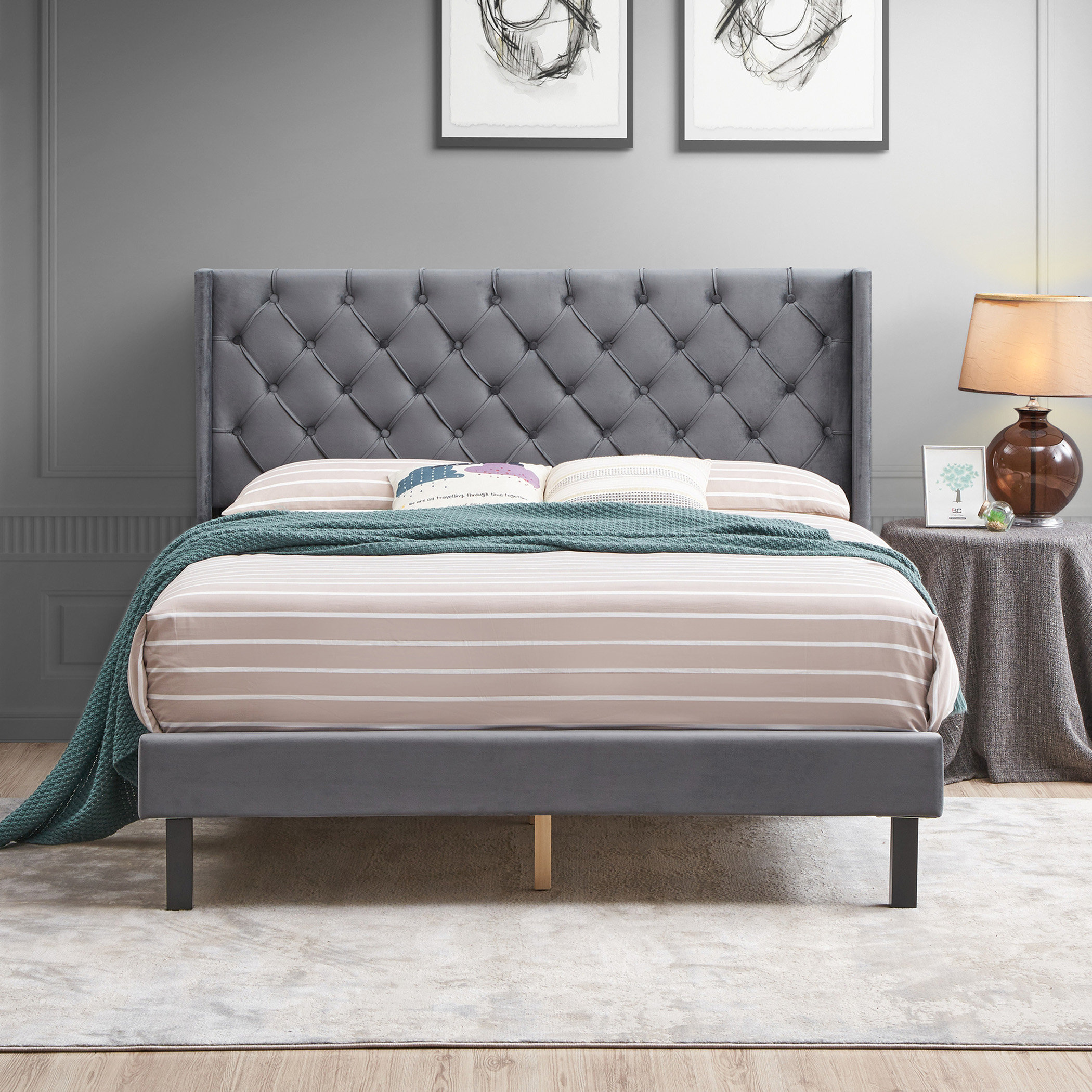 Mercer41 Velvet Button Tufted-Upholstered Bed With Wings Design - Strong Wood Slat Support ...