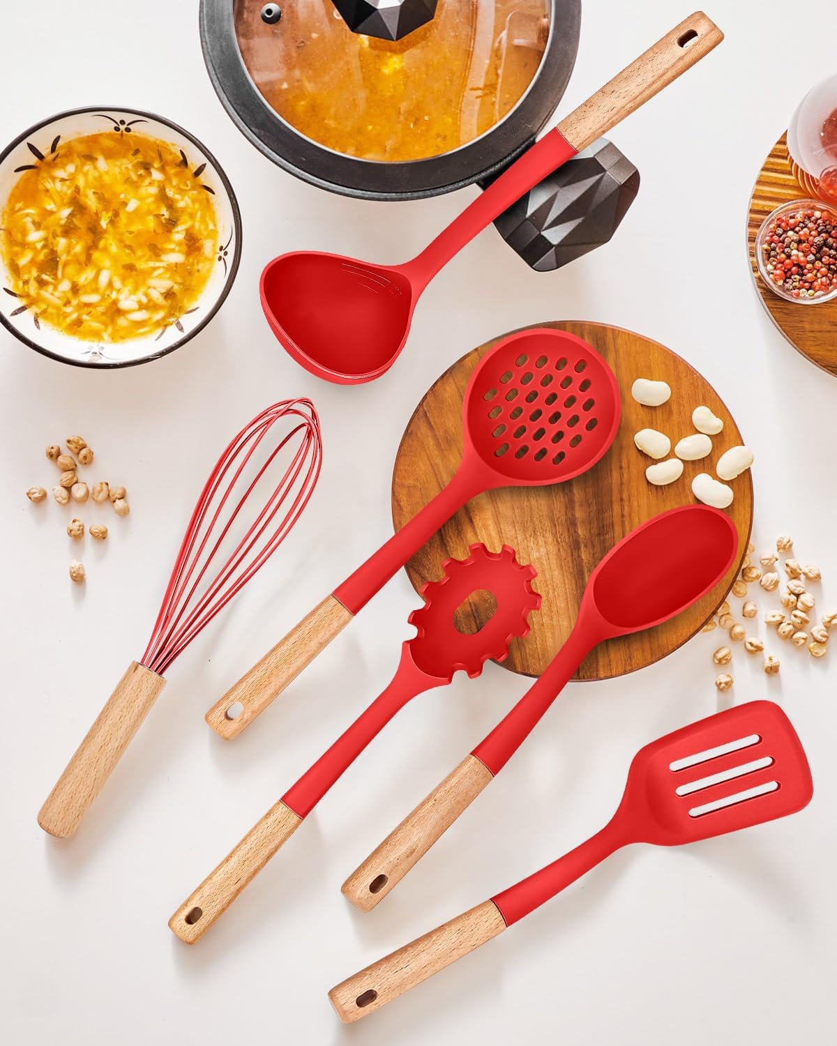 WKING 13PCS Silicone Kitchen Utensil Set With Wooden Handles, Heat ...