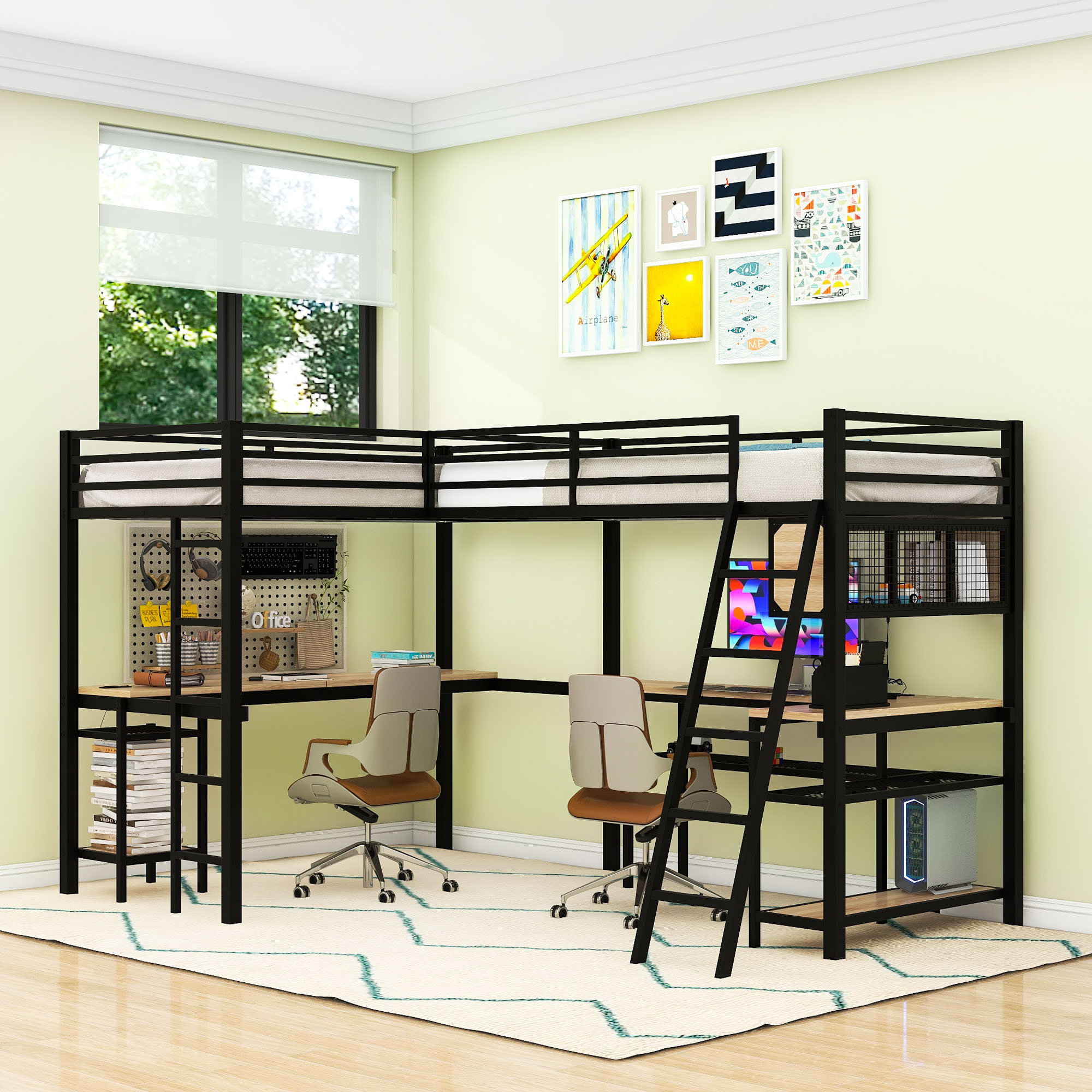 Harriet Bee Twin Metal L-Shaped Loft Bed With LED Light, Charging ...